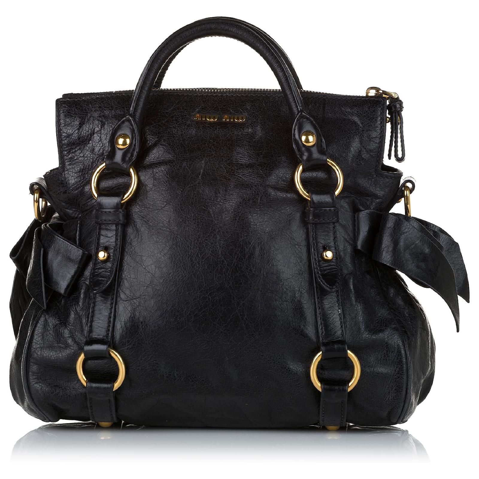 Miu Miu Black Vitello Lux Bow Satchel Leather Pony-style calfskin ref ...
