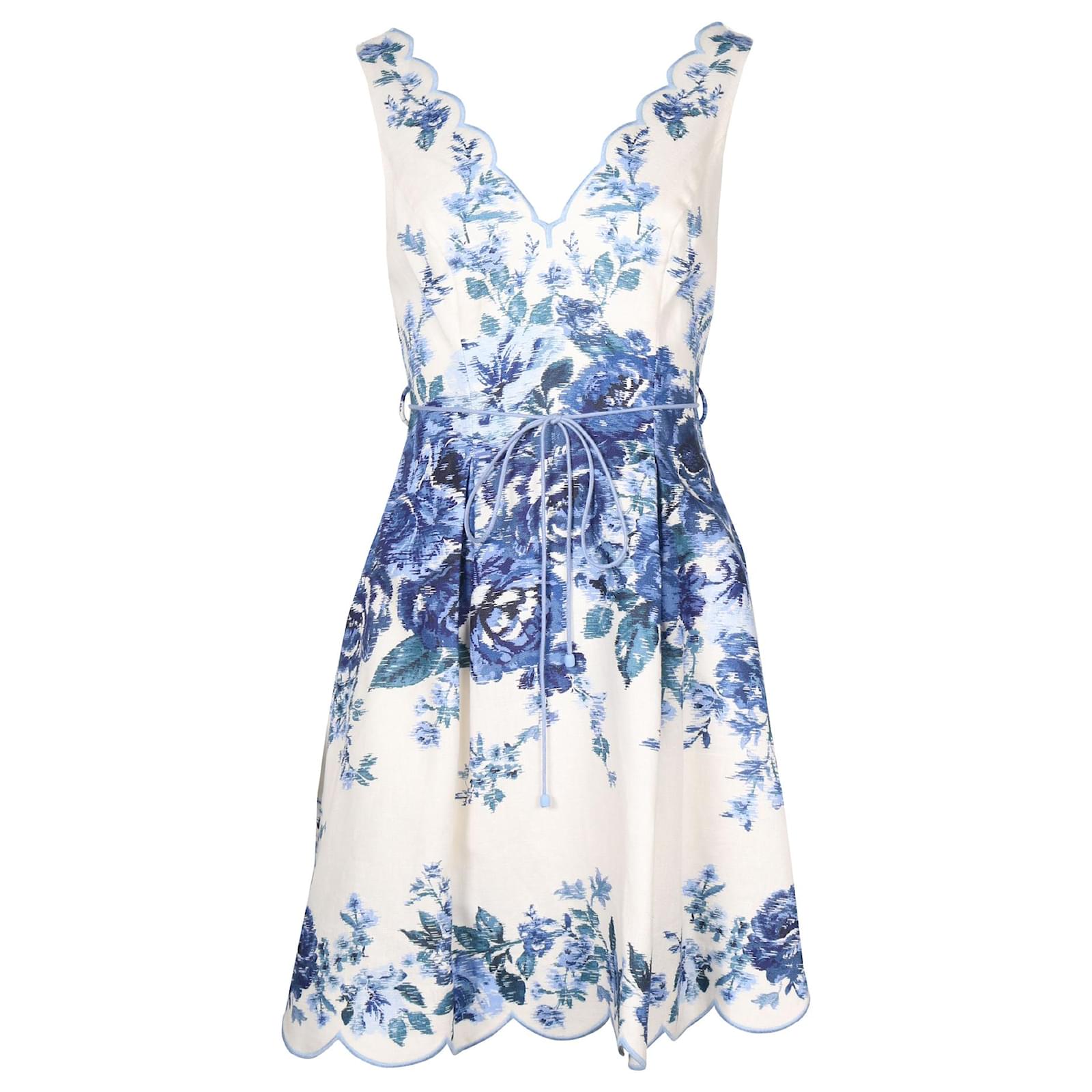 Zimmermann Mini Robe Aliane Festonnée en Lin Blanc et Bleu ref.667991 ...