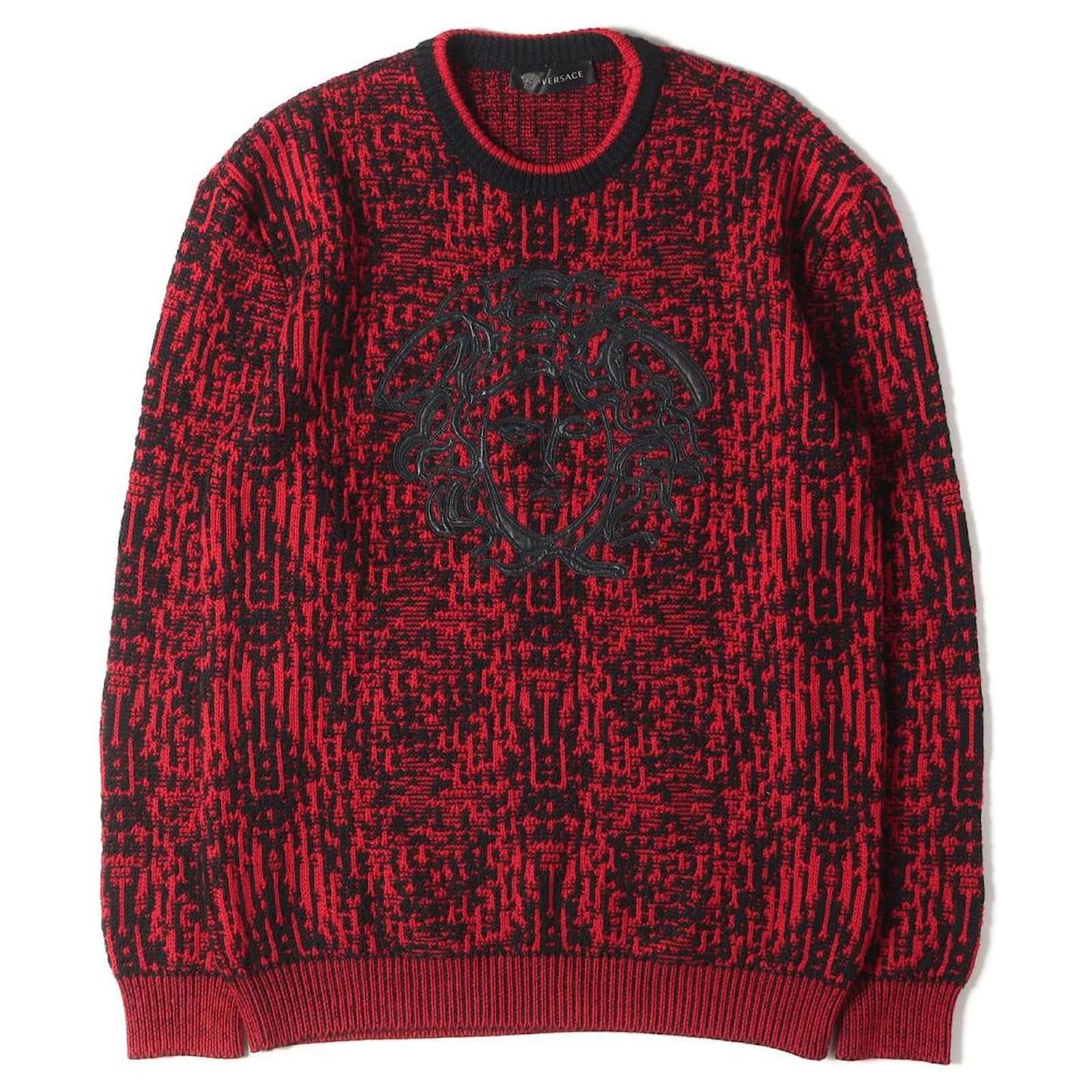 *Versace Knit Medusa Leather Patch Jacquard Wool Knit Sweater Black Red ...