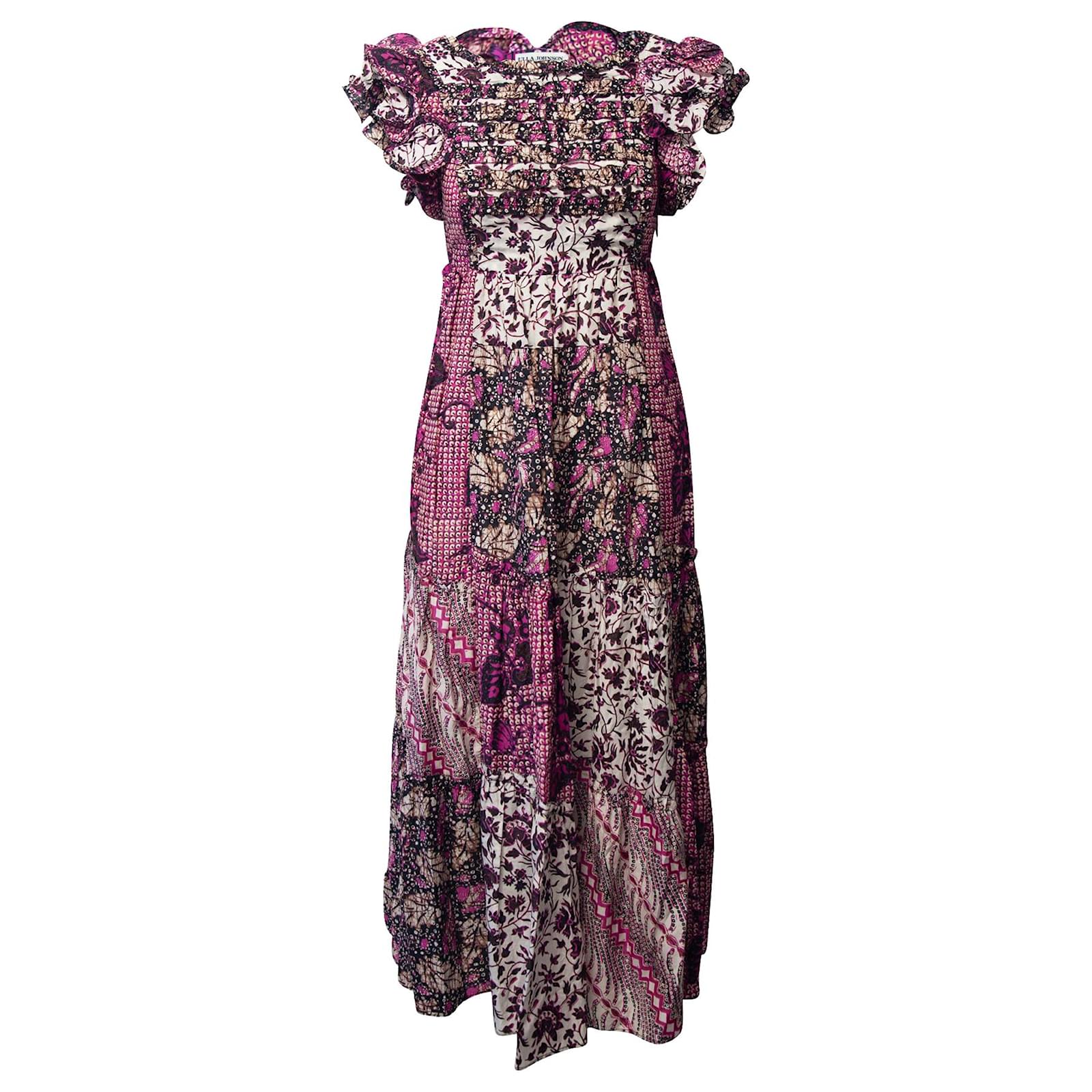Ulla Johnson Zoya Ruffled Dress in Pink & Purple Cotton Python print ...