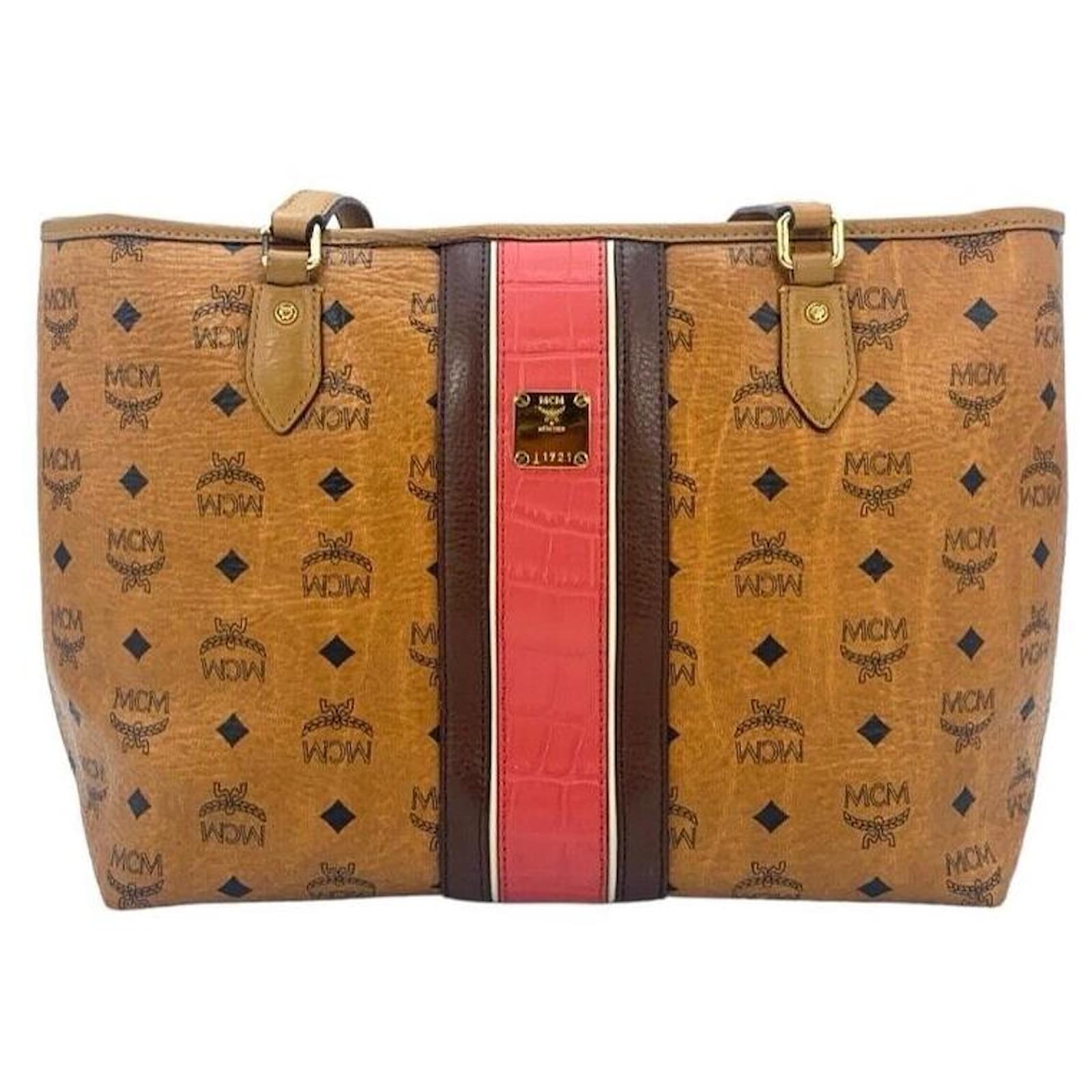 MCM TOP ZIP SHOPPER BAG COGNAC STRIPE ref.680737 - Joli Closet