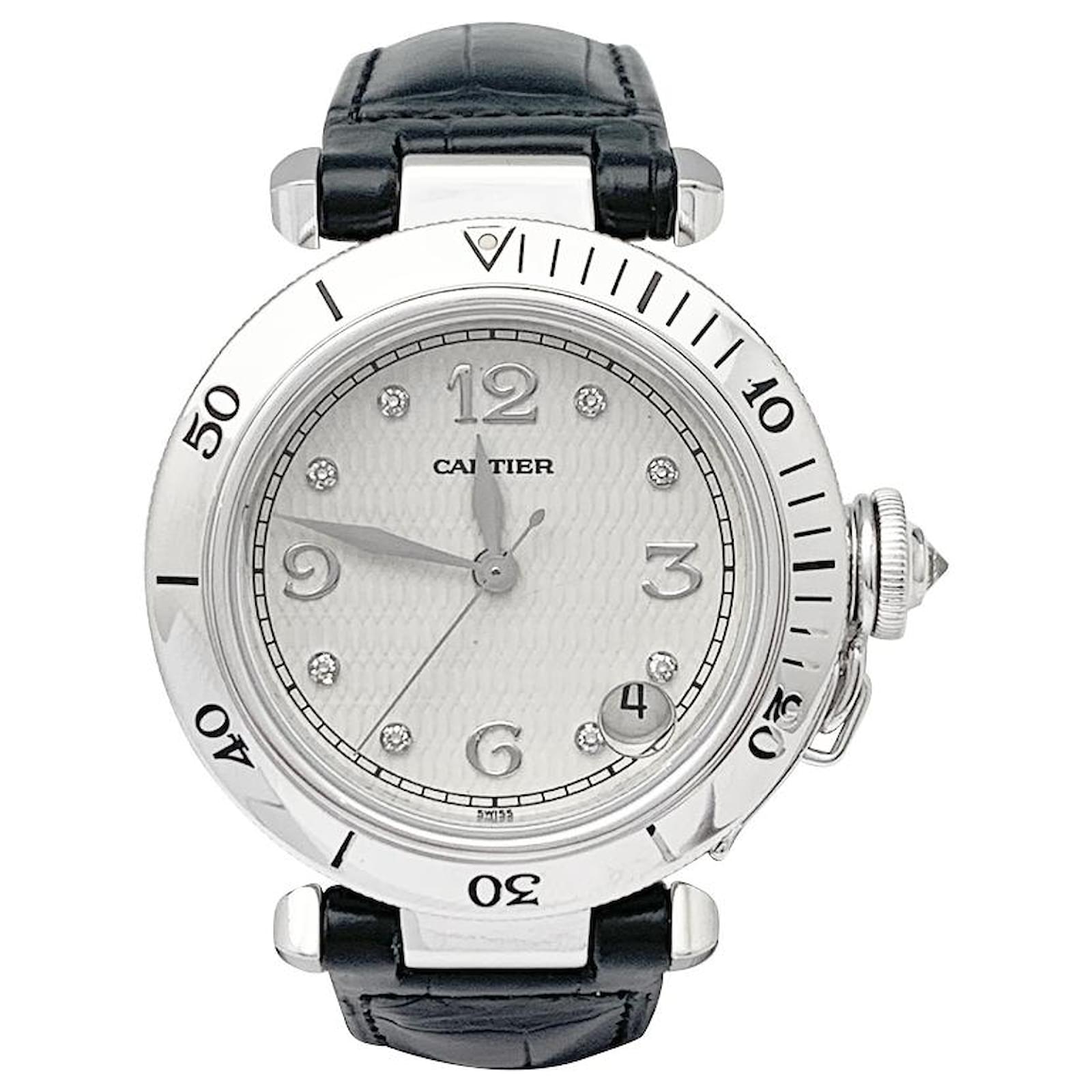 Cartier watch ,"Pasha", WHITE GOLD, diamonds and leather. ref.686093 ...