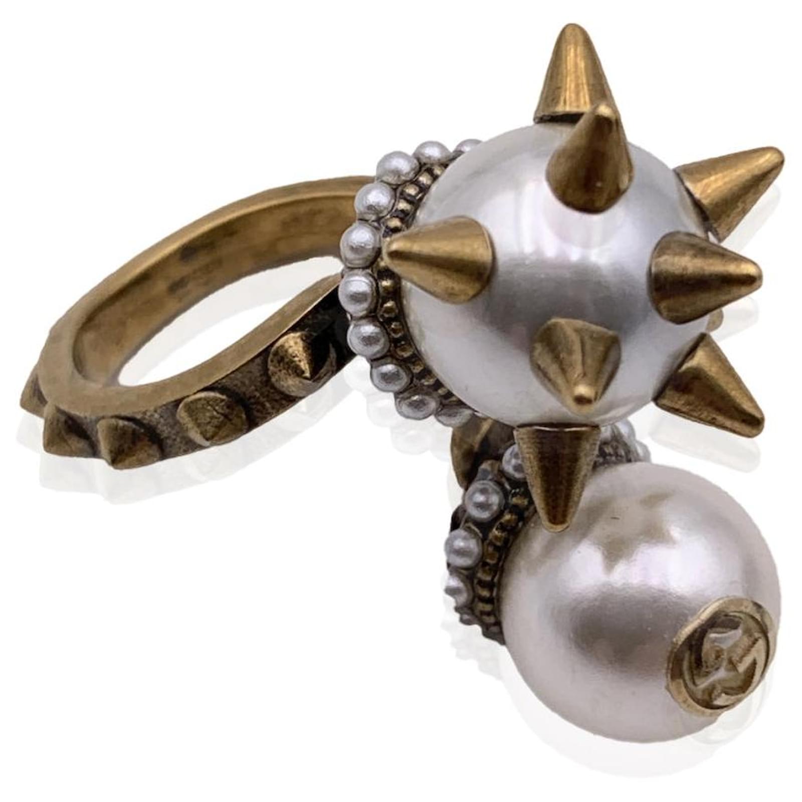 Gucci Gold Metal Double Glass Pearls and Spikes Ring Size 16 Golden ref ...