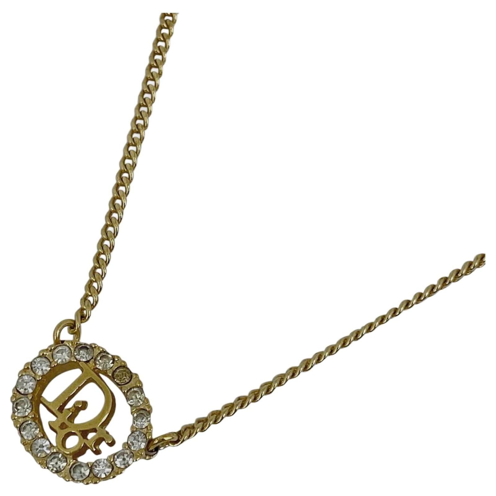 *Christian Dior Logo Rhinestone Necklace Golden Gold-plated ref.691289 ...