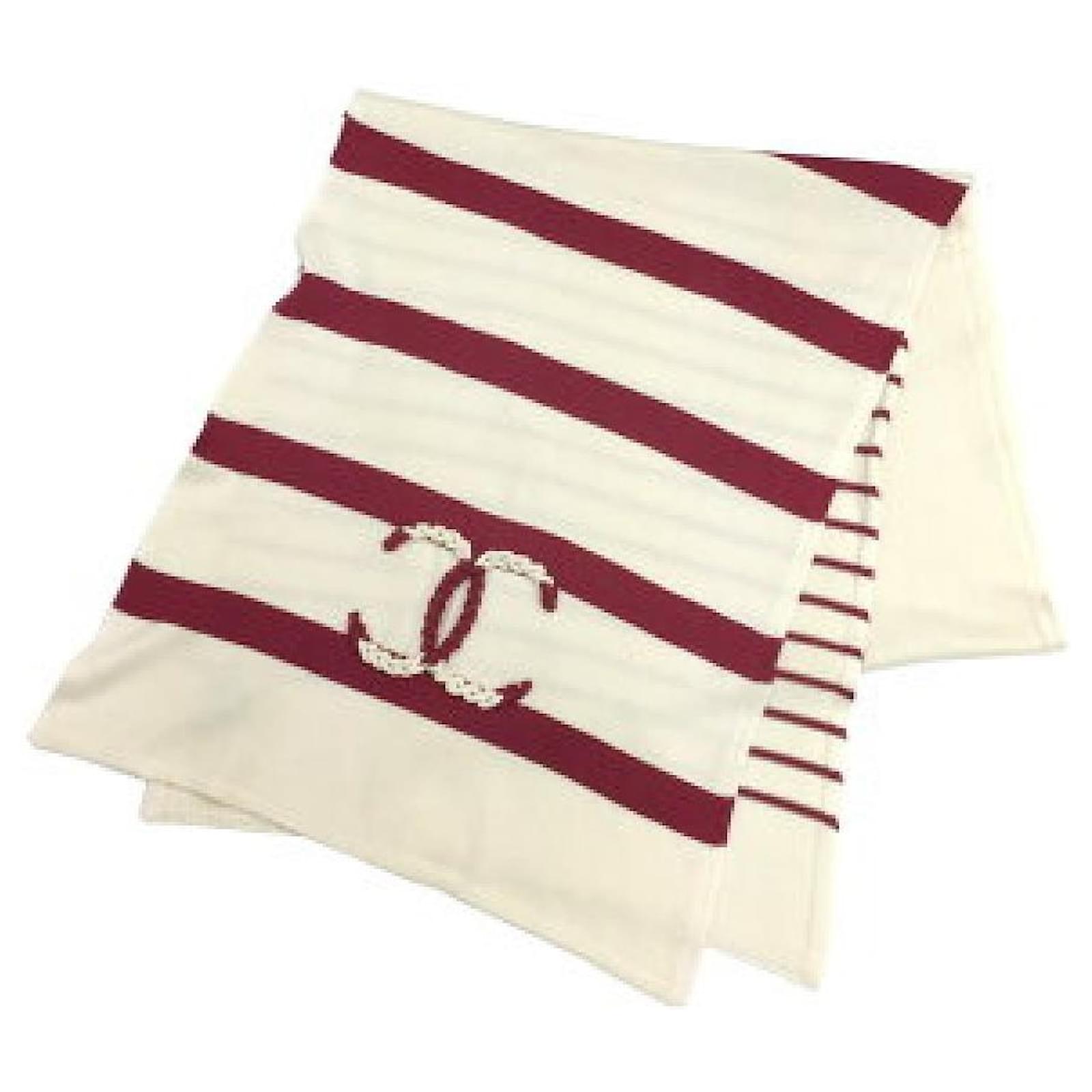 *CHANEL border knit scarf stall Cocomark Ivory x Red Silk Cashmere Wool ...