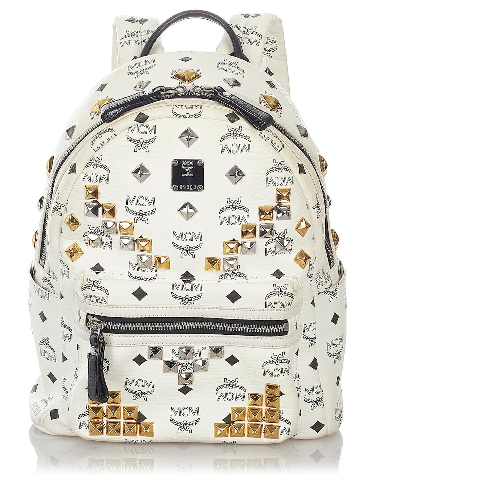 MCM White Mini Visetos Leather Backpack Black Pony-style calfskin ref ...