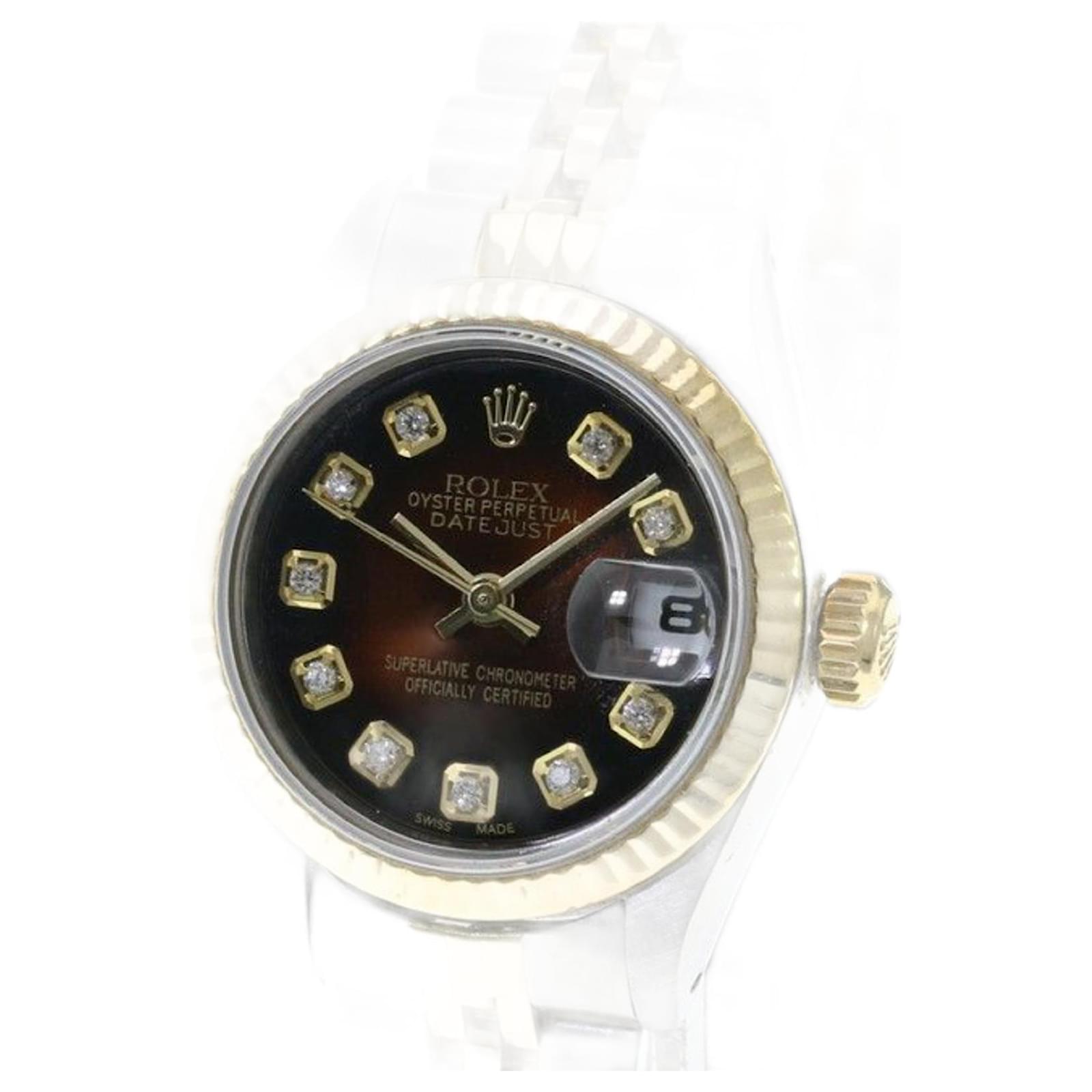 Rolex Brown Lady Datejust Diamond Dial 18k Fluted Bezel 26mm watch ...