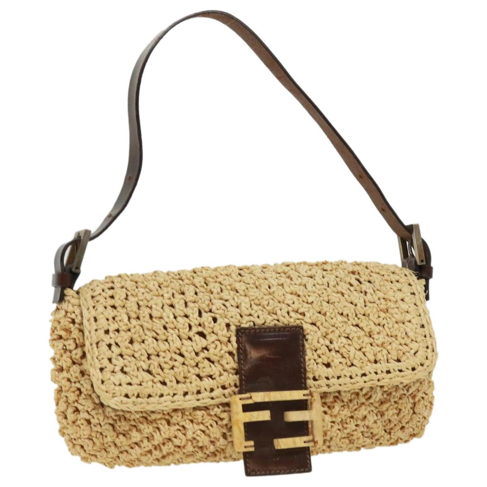 FENDI Mamma Baguette Shoulder Bag straw Beige Auth yk5403b Wood ref ...