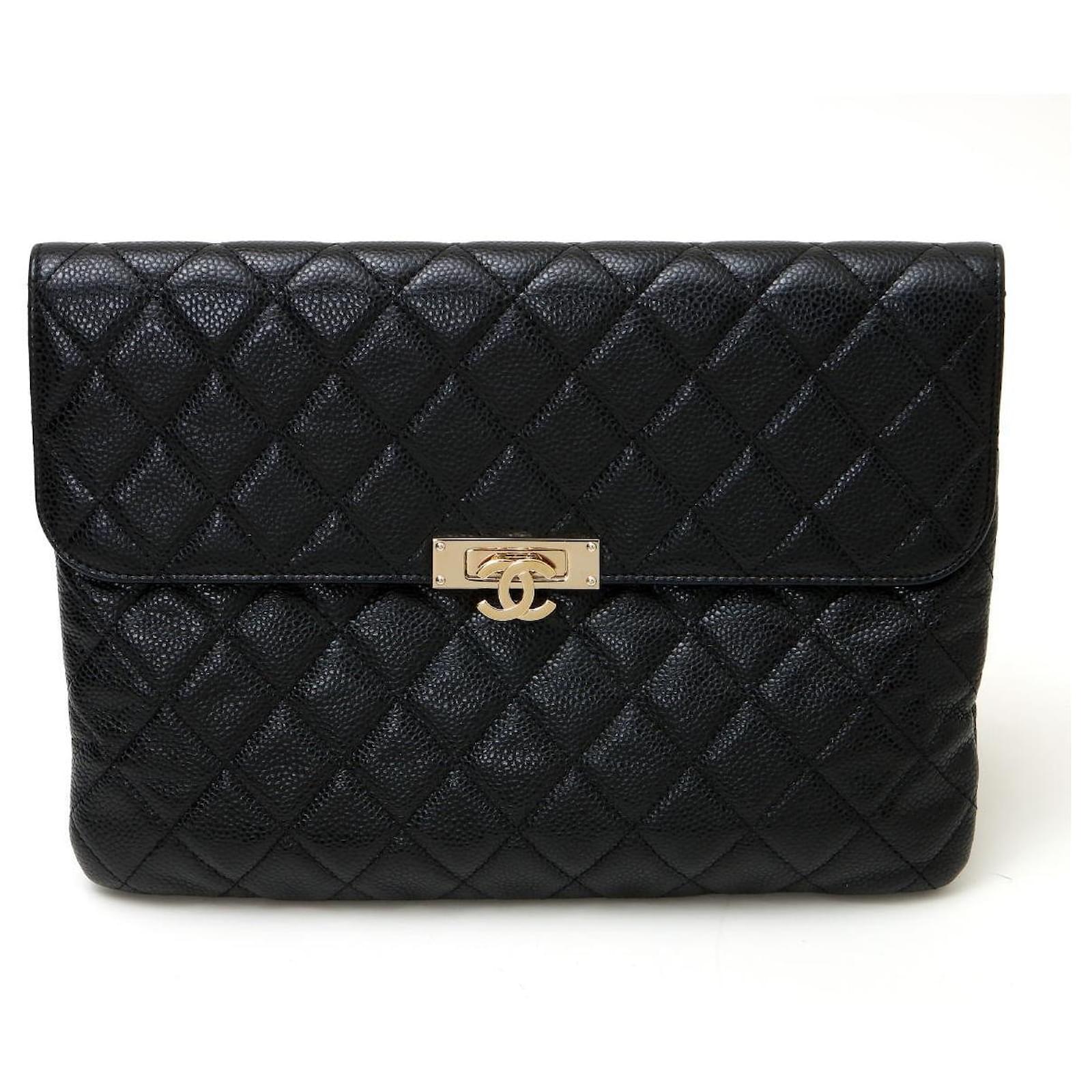 *CHANEL CC Cocomark Lock matelasse clutch bag black caviar Leather ref ...
