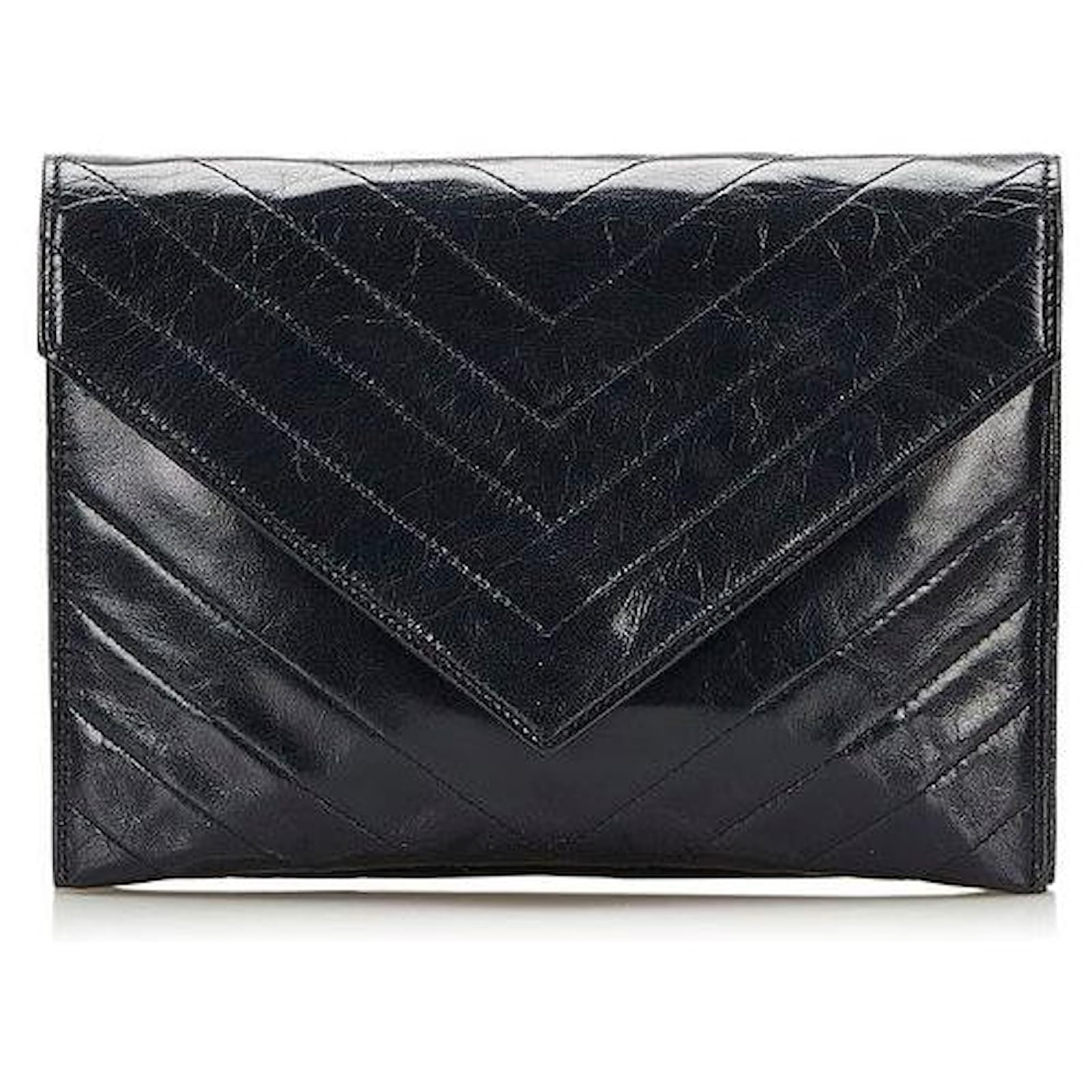 yves saint laurent V Quilted Leather Clutch black Pony-style calfskin ...