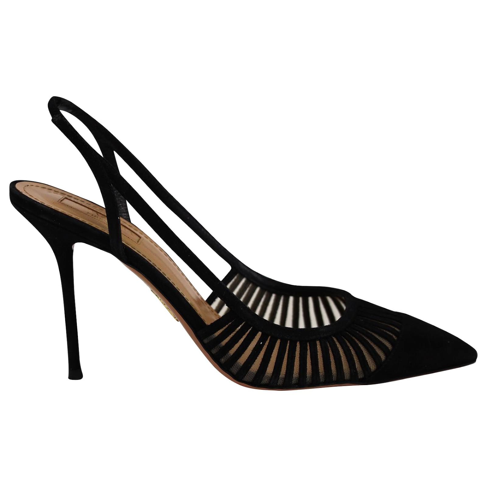 Aquazzura Zana 95 Escarpins Slingback en Daim Noir Suede ref.715804 ...