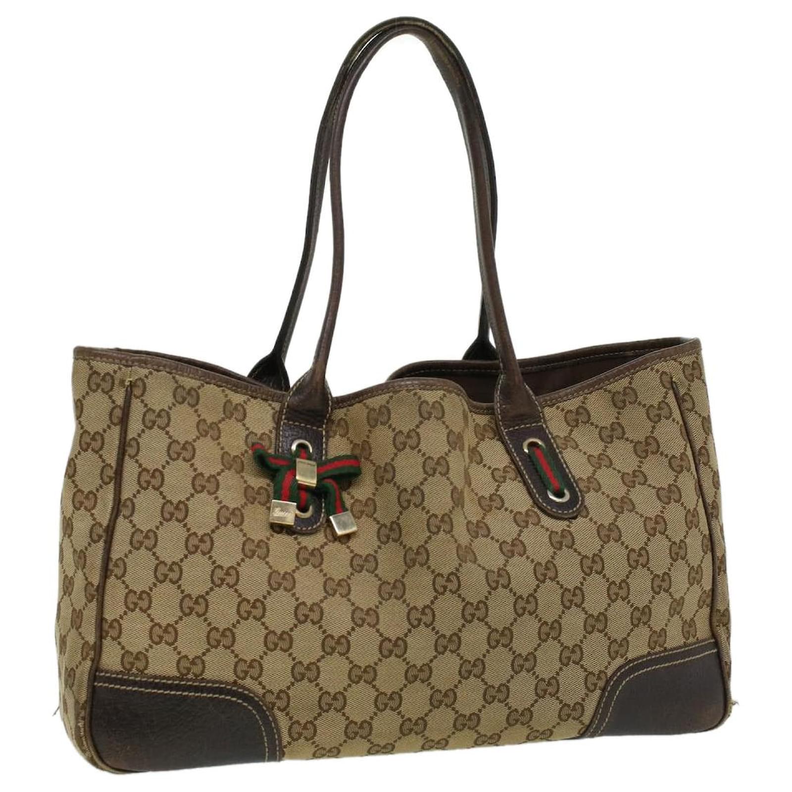 GUCCI GG Canvas Web Sherry Line Tote Bag Beige Red Green Auth ac1240 ...