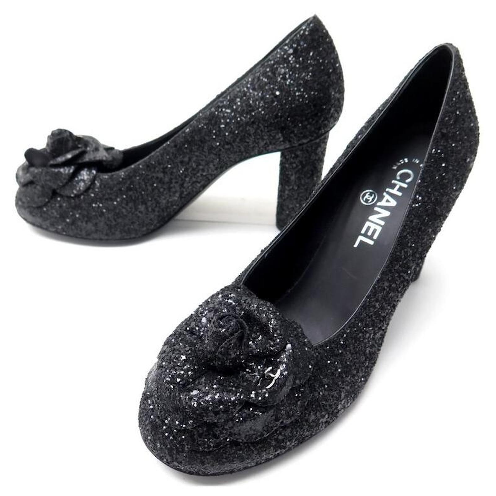 NEUF CHAUSSURES CHANEL ESCARPINS 39.5 CAMELIA PAILLETTE NOIRES BLACK ...