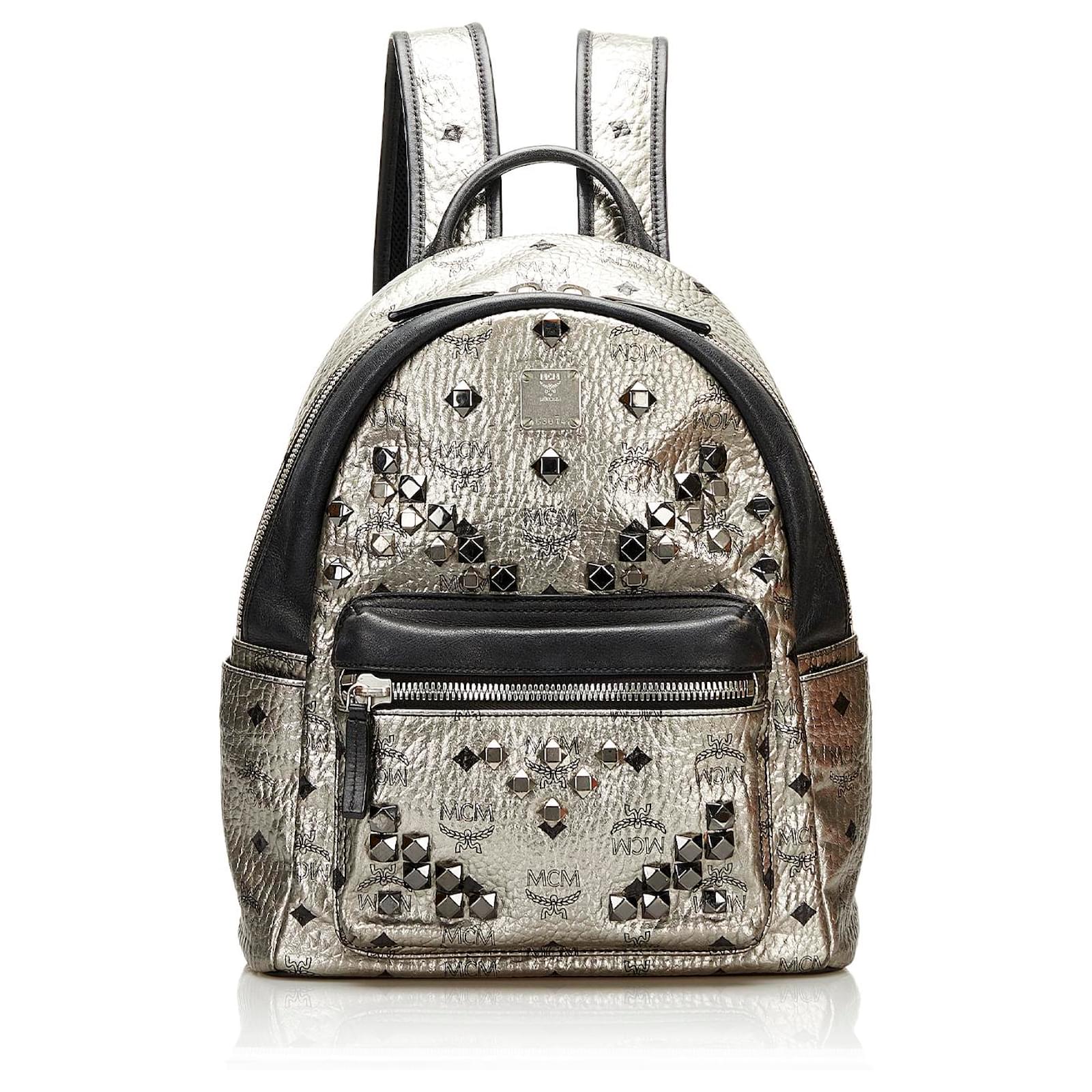 MCM Silver Visetos Stark Studded Leather Backpack Silvery Pony-style ...