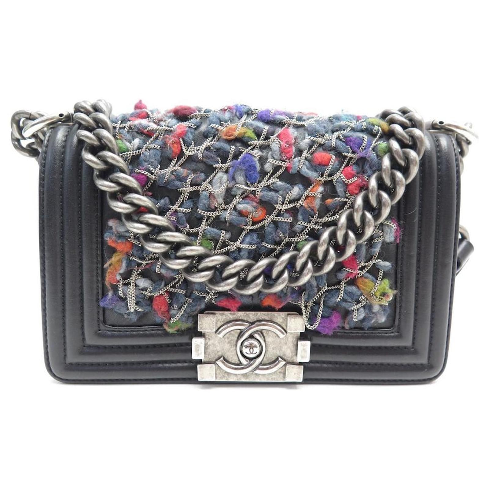 CHANEL BOY SMALL MODEL HANDBAG IN BLACK LEATHER CHAIN & TWEED LEATHER ...