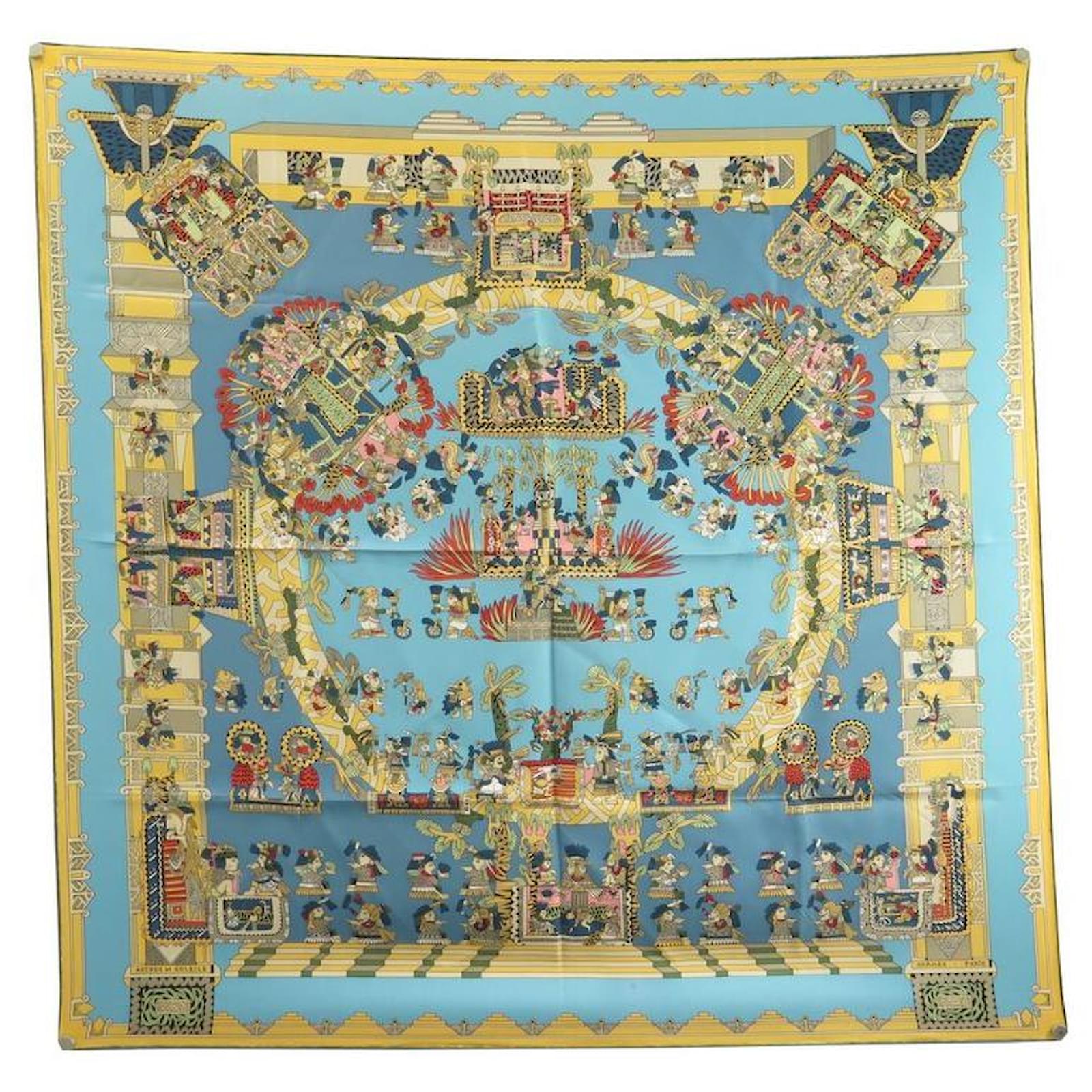 Hermès HERMES ASTRES ET SOLEILS CARRE SCARF 90 IN BLUE SILK + BOX SILK ...