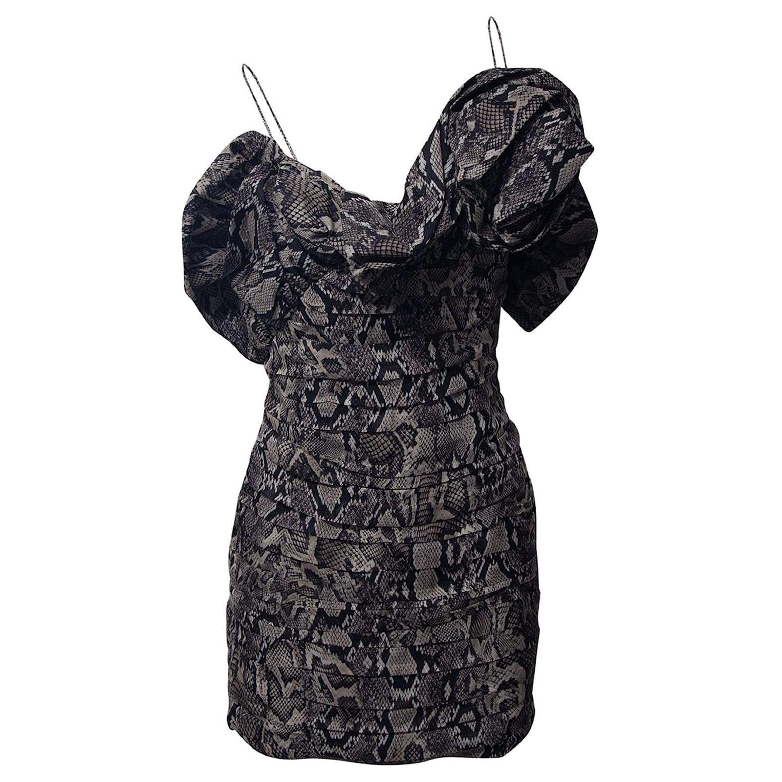 Magda Butrym Ruffled Off Shoulder Dress with Snake Skin Print in Grey ...