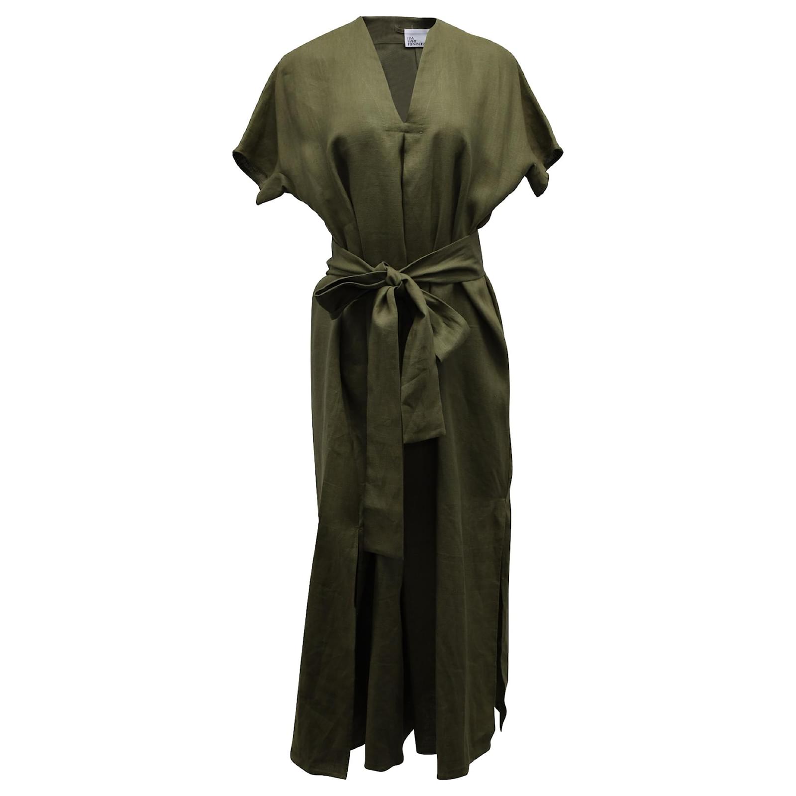 Lisa Marie Fernandez Rosetta Belted Dress in Army Green Linen ref ...