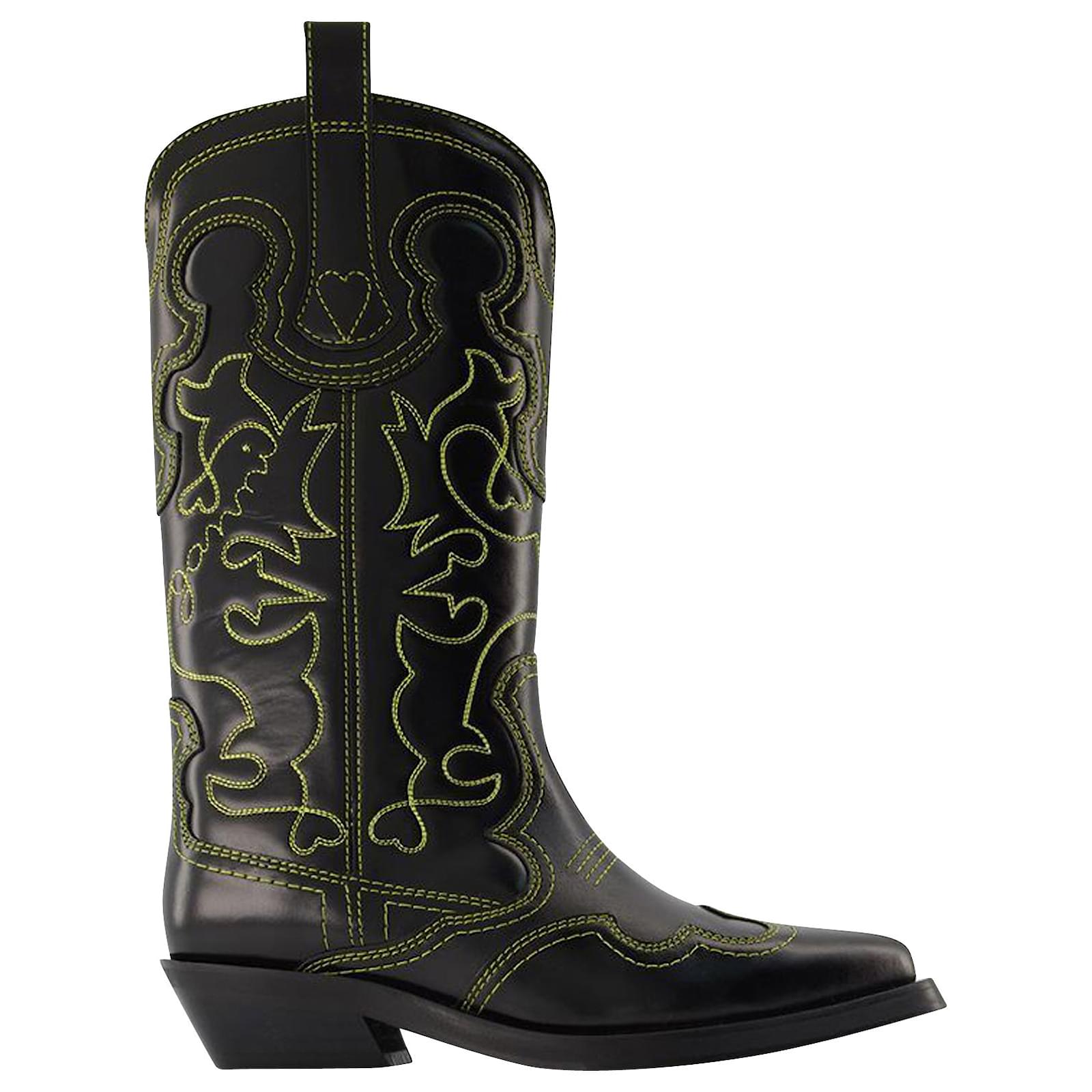 Western Mid Shaft Boots - Ganni - Black/Yellow - Leather ref.732196 ...