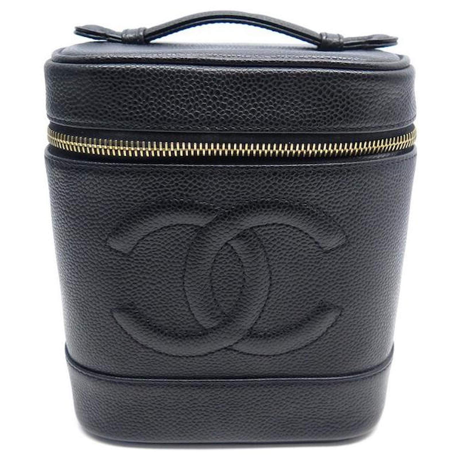 CHANEL LOGO CC VANITY POUCH IN BLACK CAVIAR LEATHER NEW BLACK TOILETRY ...