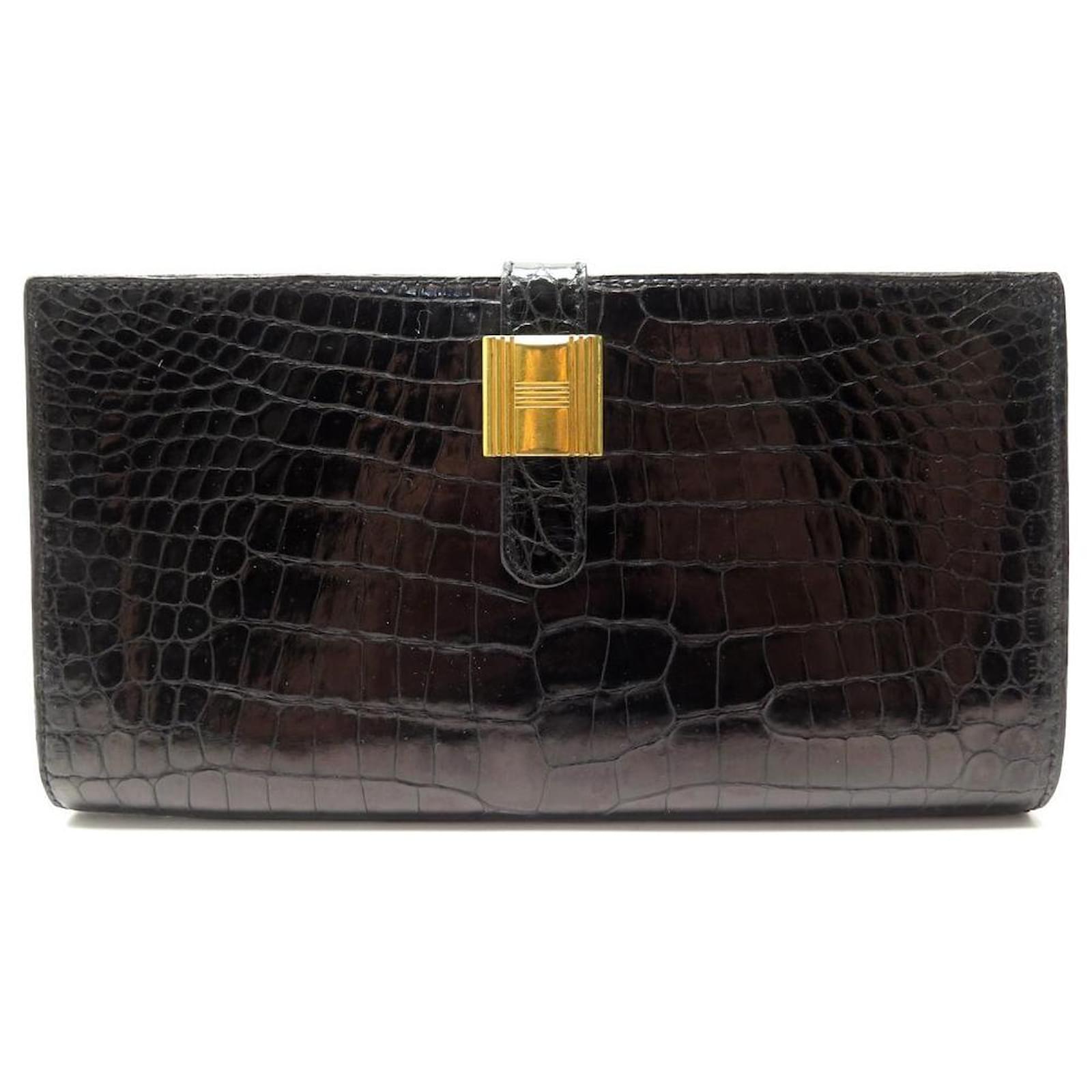 Hermès VINTAGE HERMES WALLET CLASP H GOLD IN BROWN CROCODILE LEATHER ...