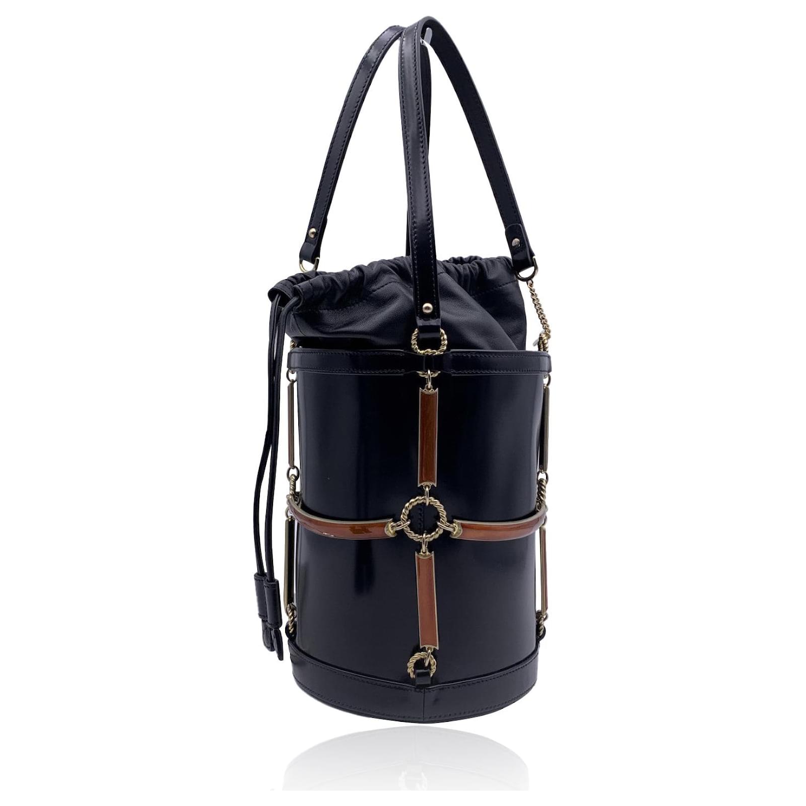 Gucci Black Leather Enamel Cage Round Bucket Bag Tote Handbag ref ...