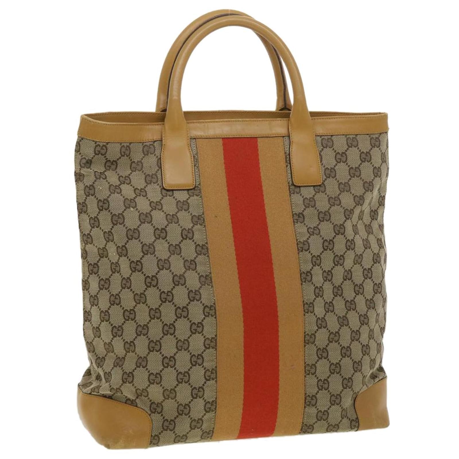 GUCCI Sherry Line GG Canvas Tote Bag Beige Brown Red Auth ac1414 Cloth ...