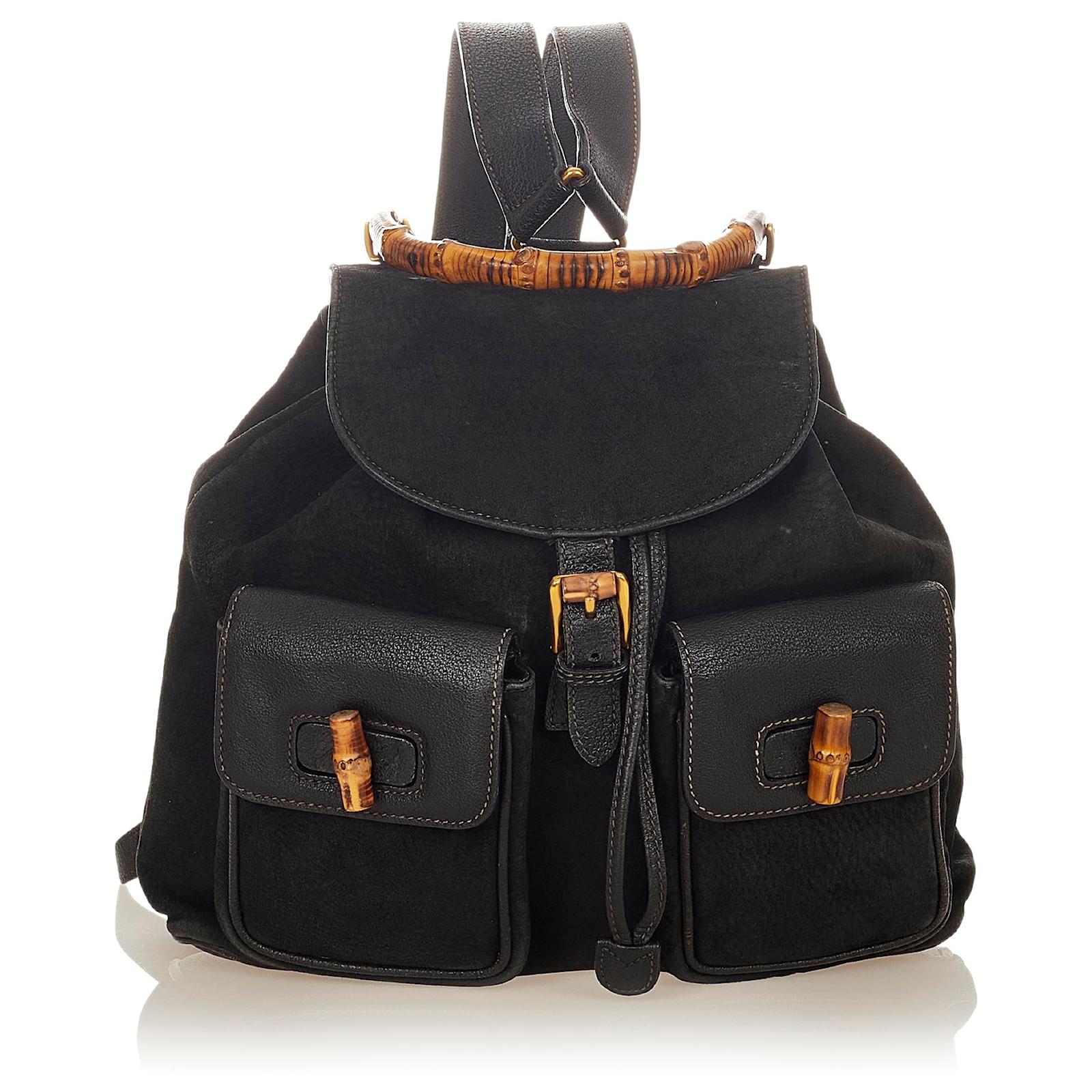 Gucci Black Bamboo Suede Drawstring Backpack Leather Pony-style ...