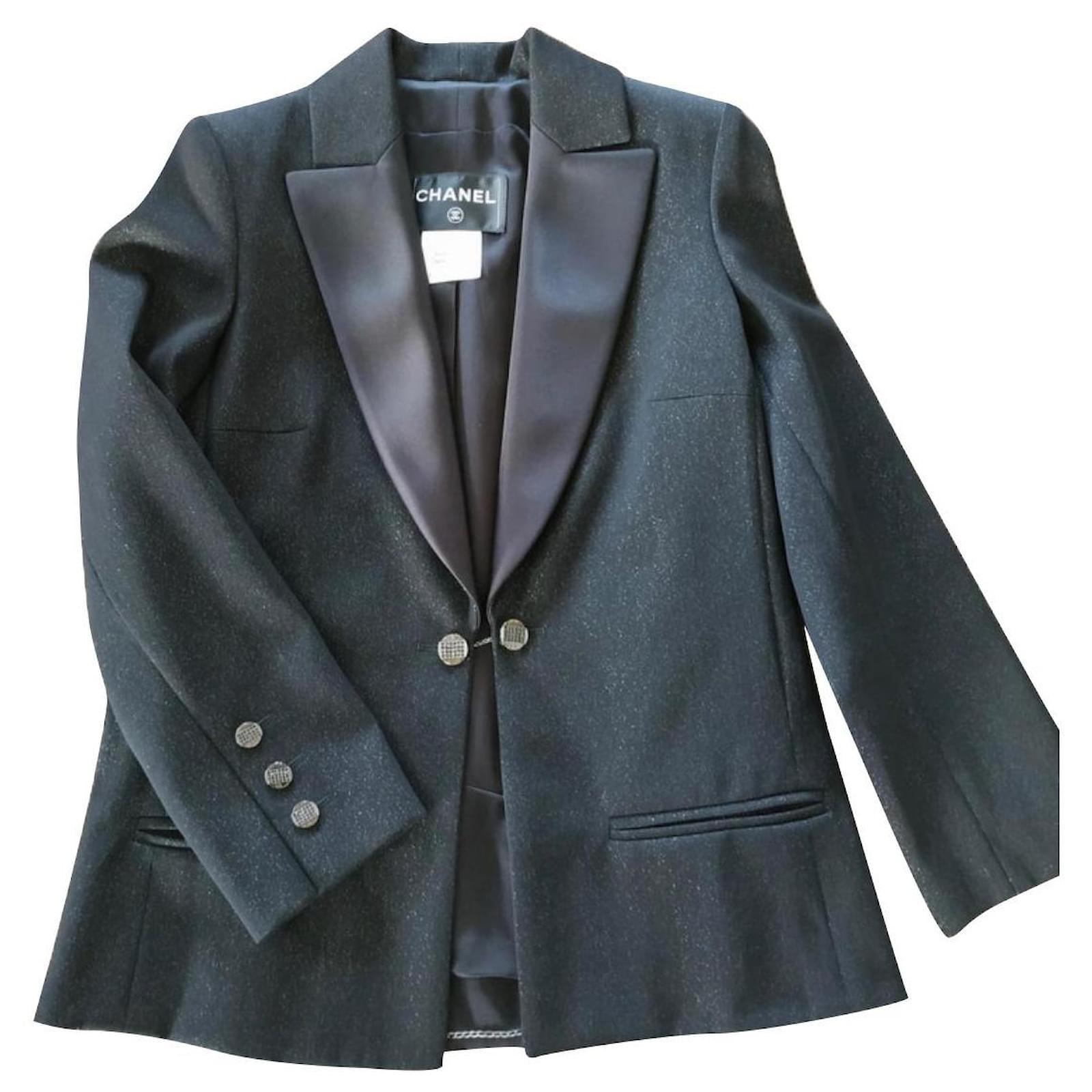 Chanel Tuxedo Style Sparkle Twin Satin Blazer / Jacket Black Silk ...