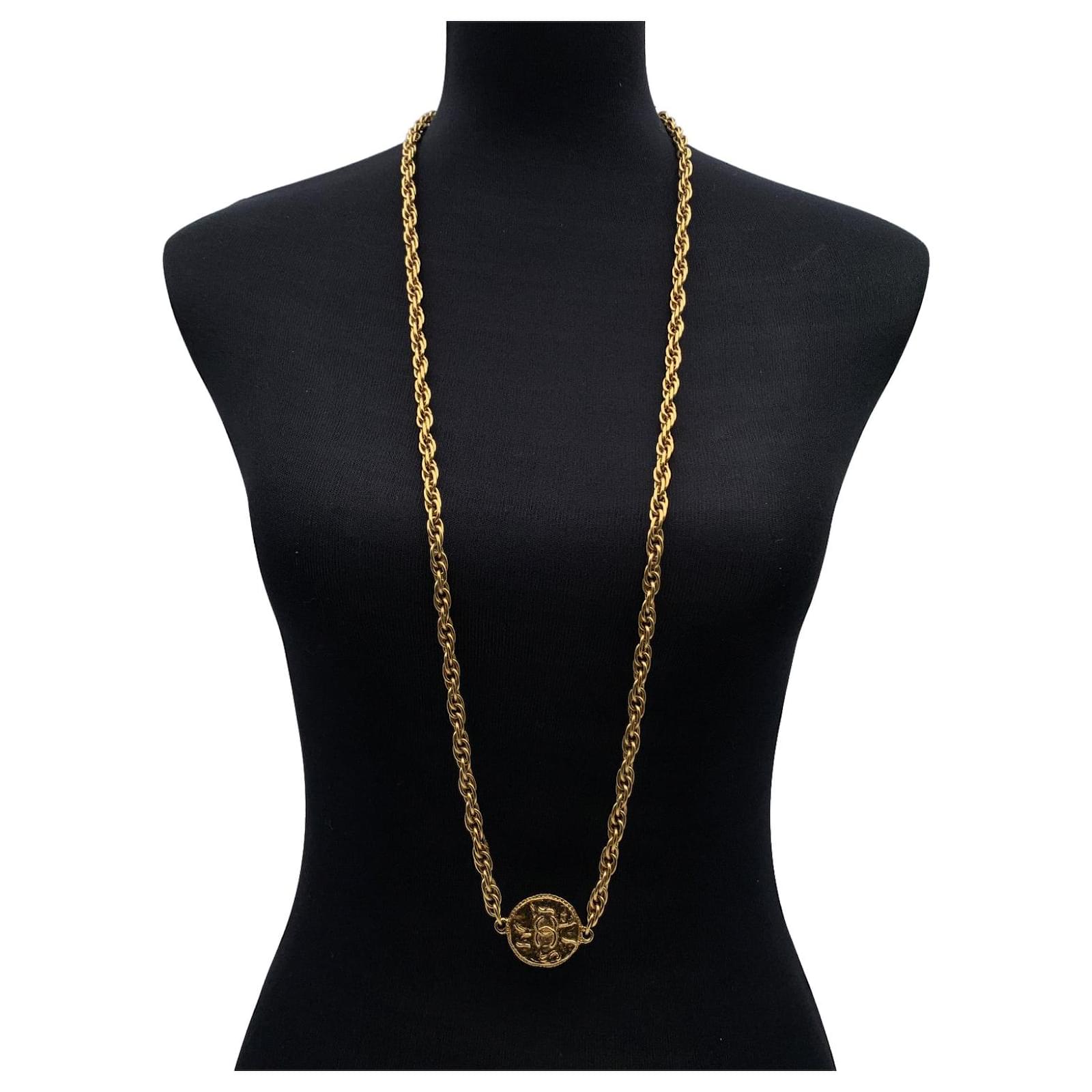 Chanel Vintage Gold Metal Logo Round Medallion Chain Necklace Golden ...