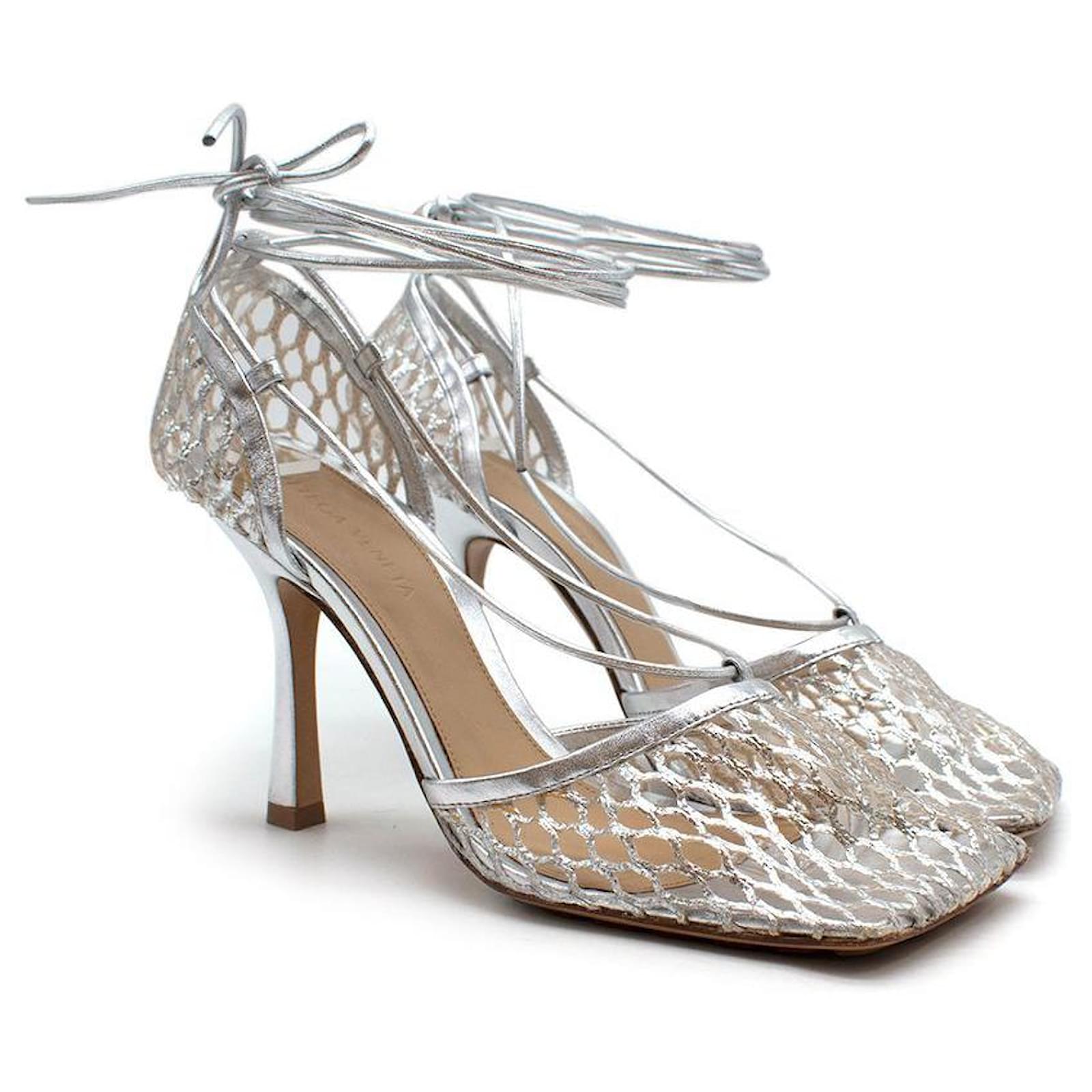 Bottega Veneta Silver Lace-Up Stretch Mesh Sandals Silvery Metallic ...