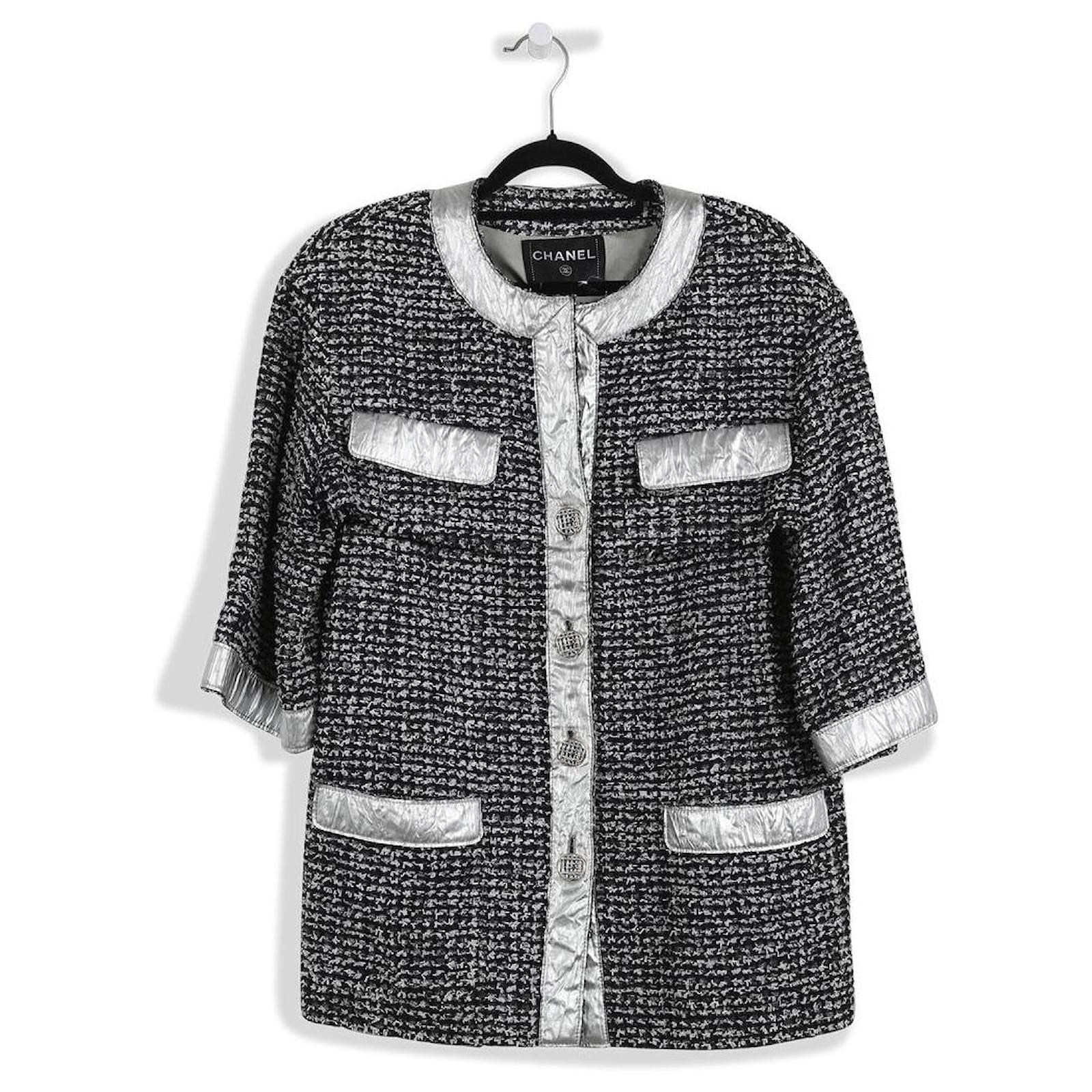 Chanel Tweed Jacket In Grey With Silver Leather Trims And Elbow Sleeves ...