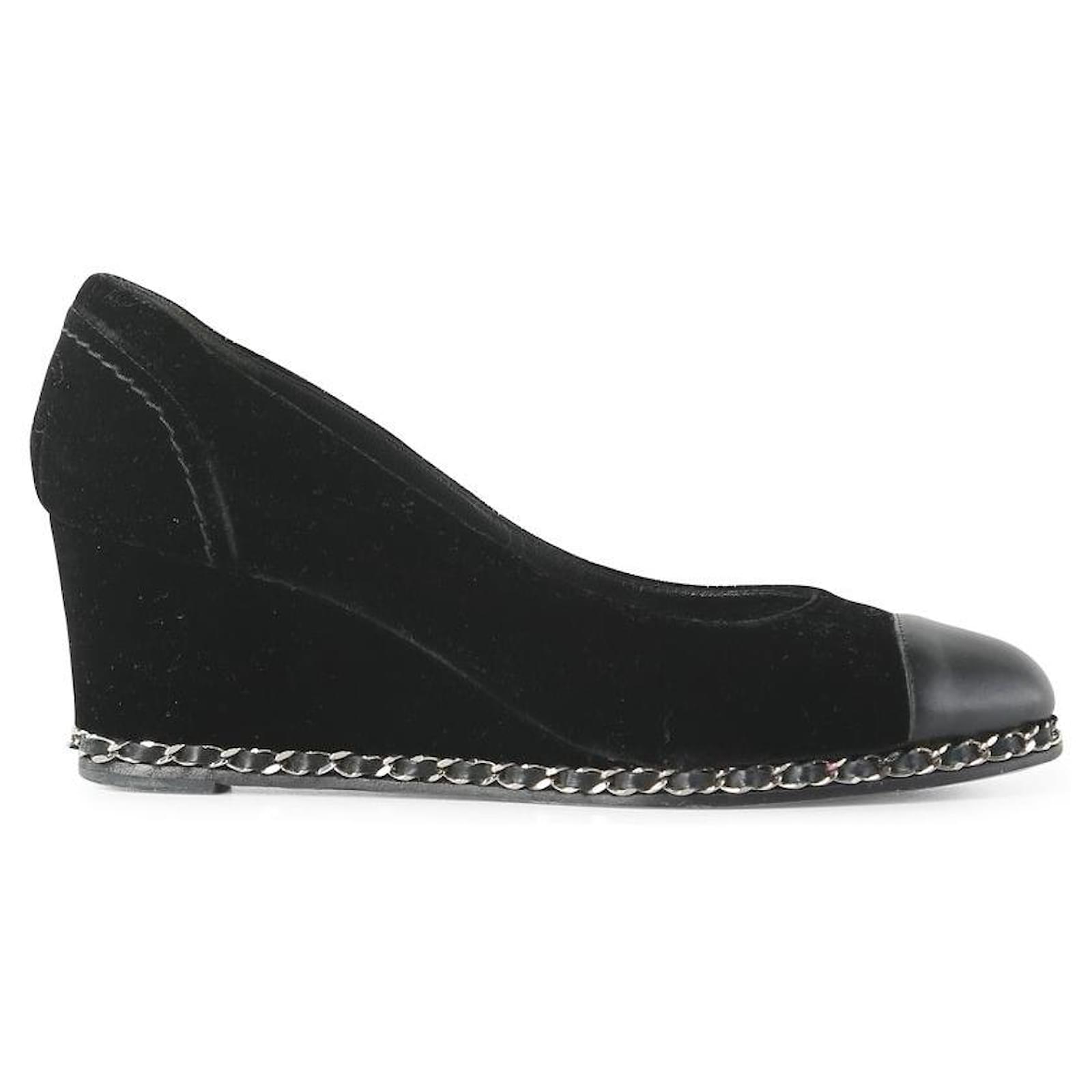 Chanel Black Velvet & Leather Chain Cap Toe Wedge Pumps (Sold) - Joli ...