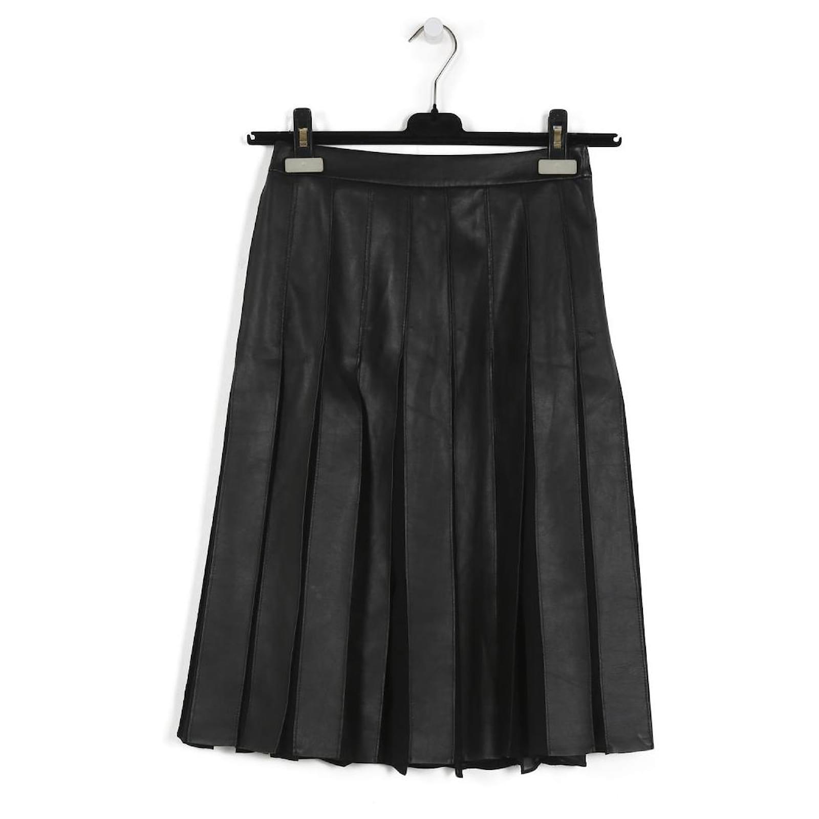 Jupe plissée en cuir et mousseline noire Diane Von Furstenberg ref ...