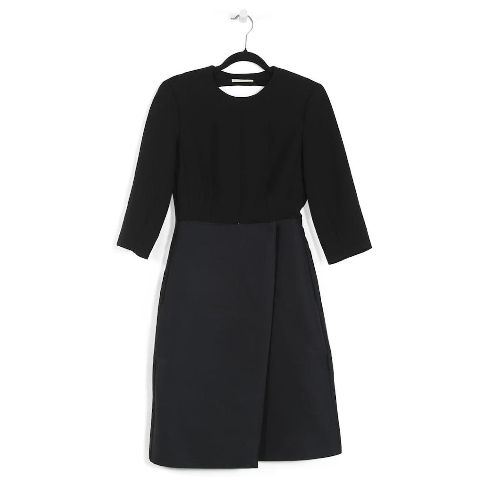 Céline Celine Black Crepe & Laine Robe trapèze à manches trois-quarts ...