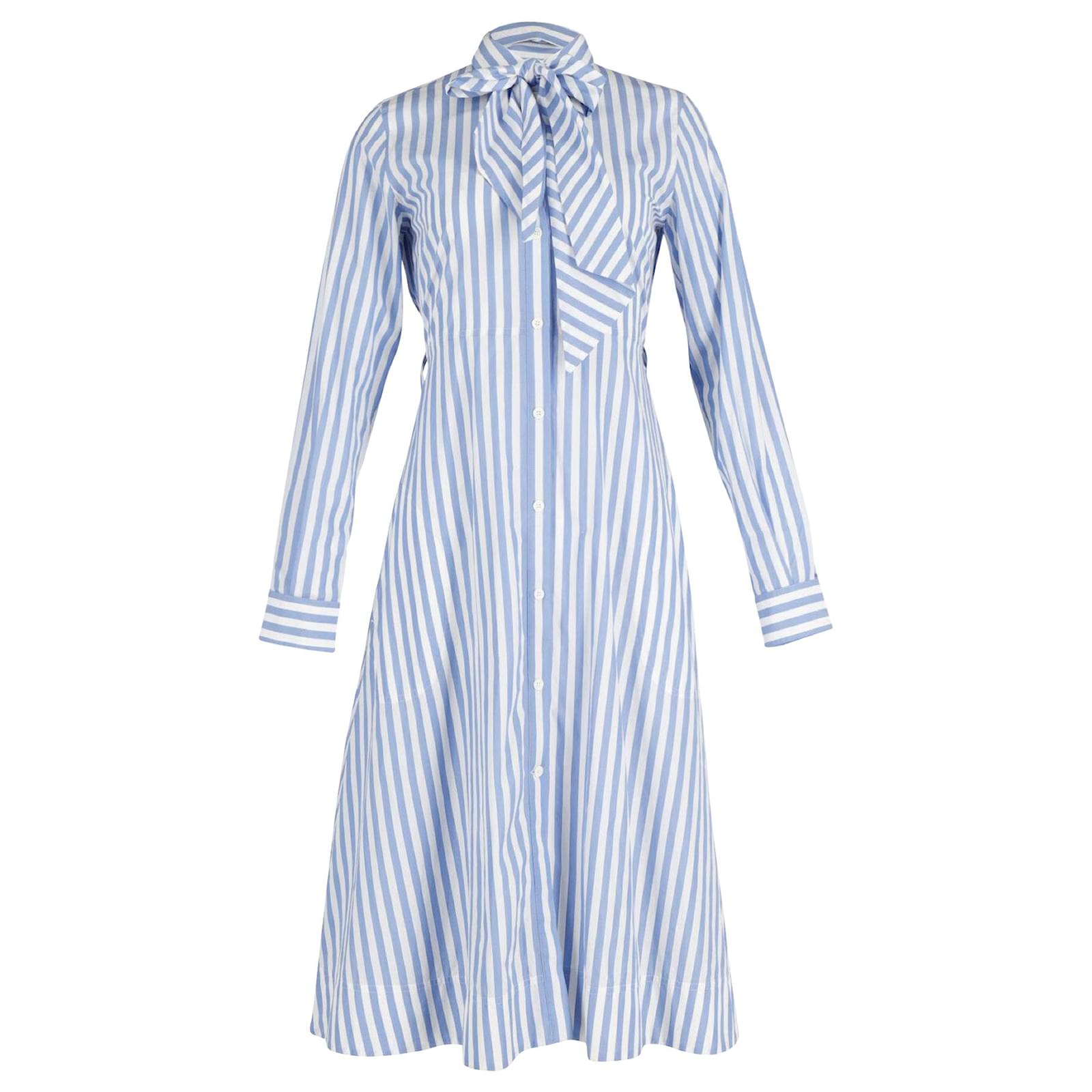 Céline Robe Chemise Mi-Longue Rayée Celine en Coton Bleu Clair ref ...
