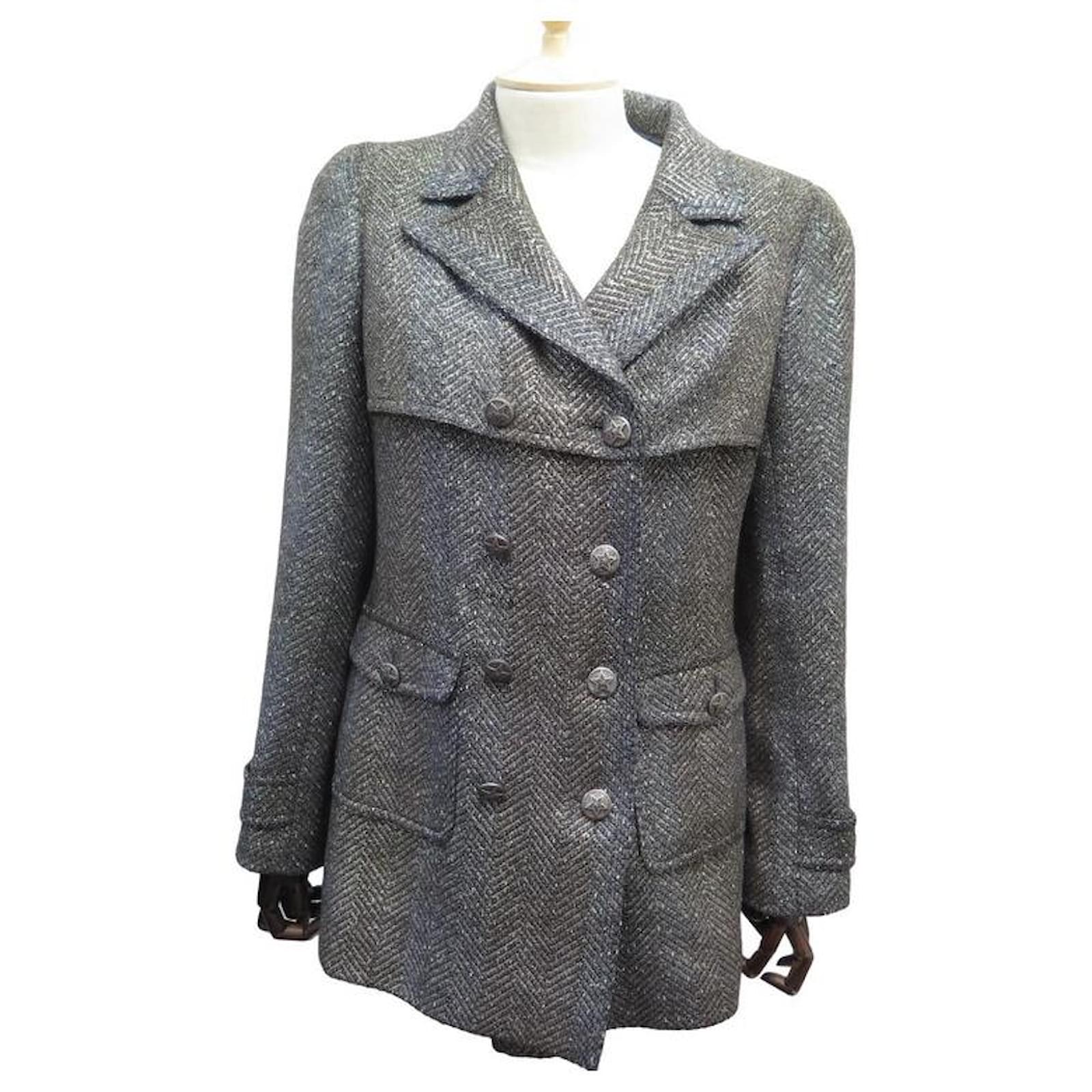 CHANEL P LONG JACKET31284 IN TWEED METALLIC THREADS 40 JACKET COAT Grey ...