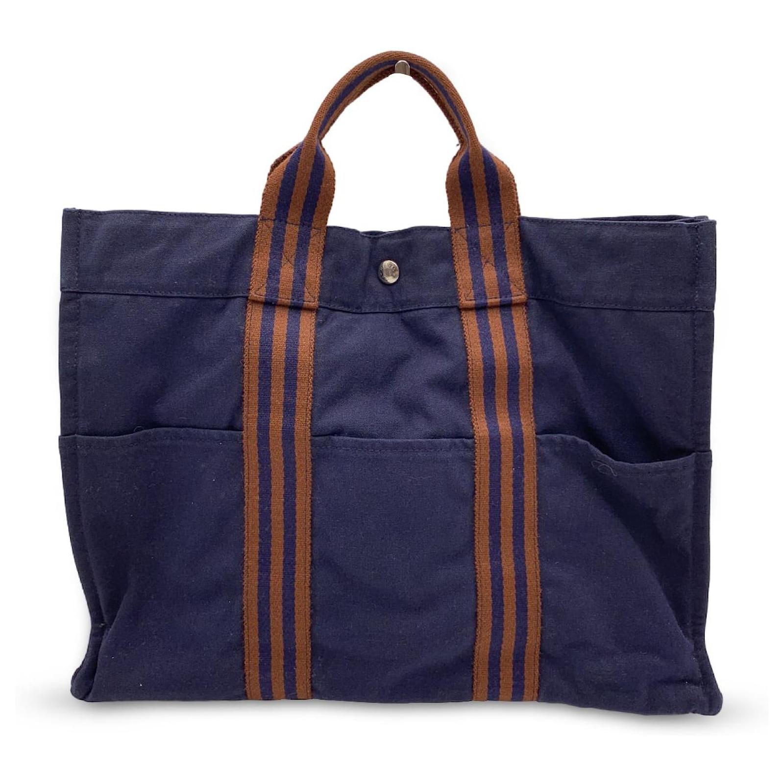 Hermès cabas MM en coton bleu et marron Hermes Paris Vintage ref.798056 ...