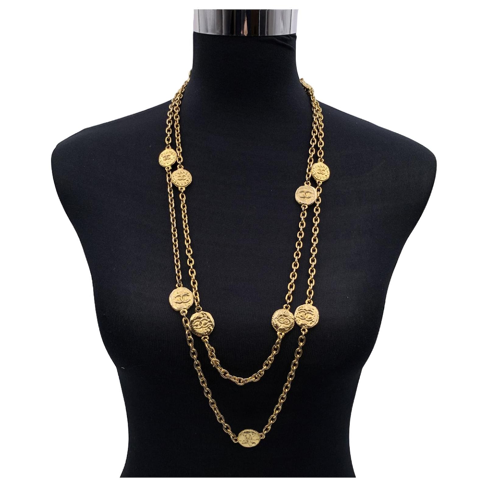 Chanel Vintage Gold Metal Chain Long Necklace CC Logo Medallions Golden ...
