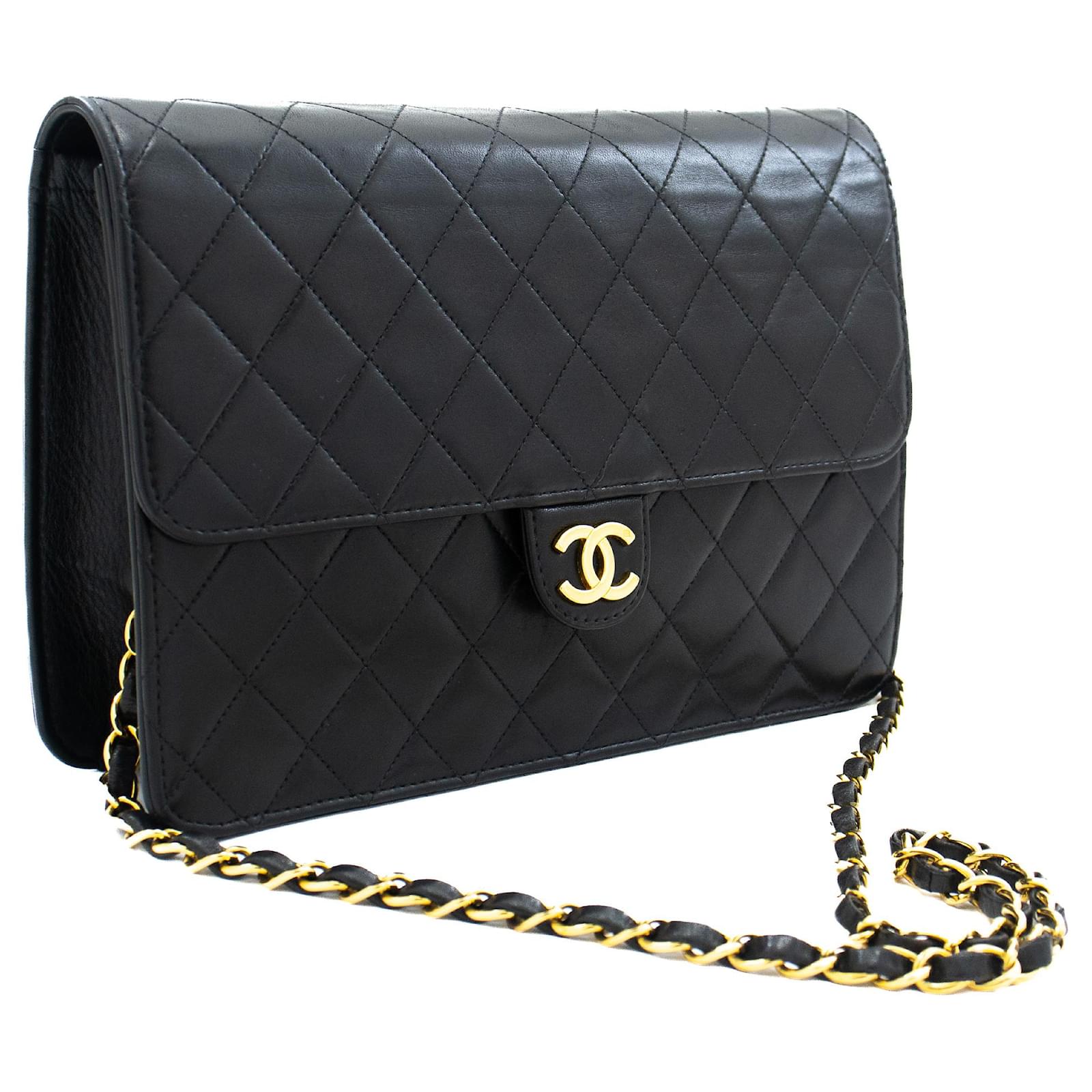CHANEL Chain Shoulder Bag Clutch Black Quilted Flap Lambskin Purse ...
