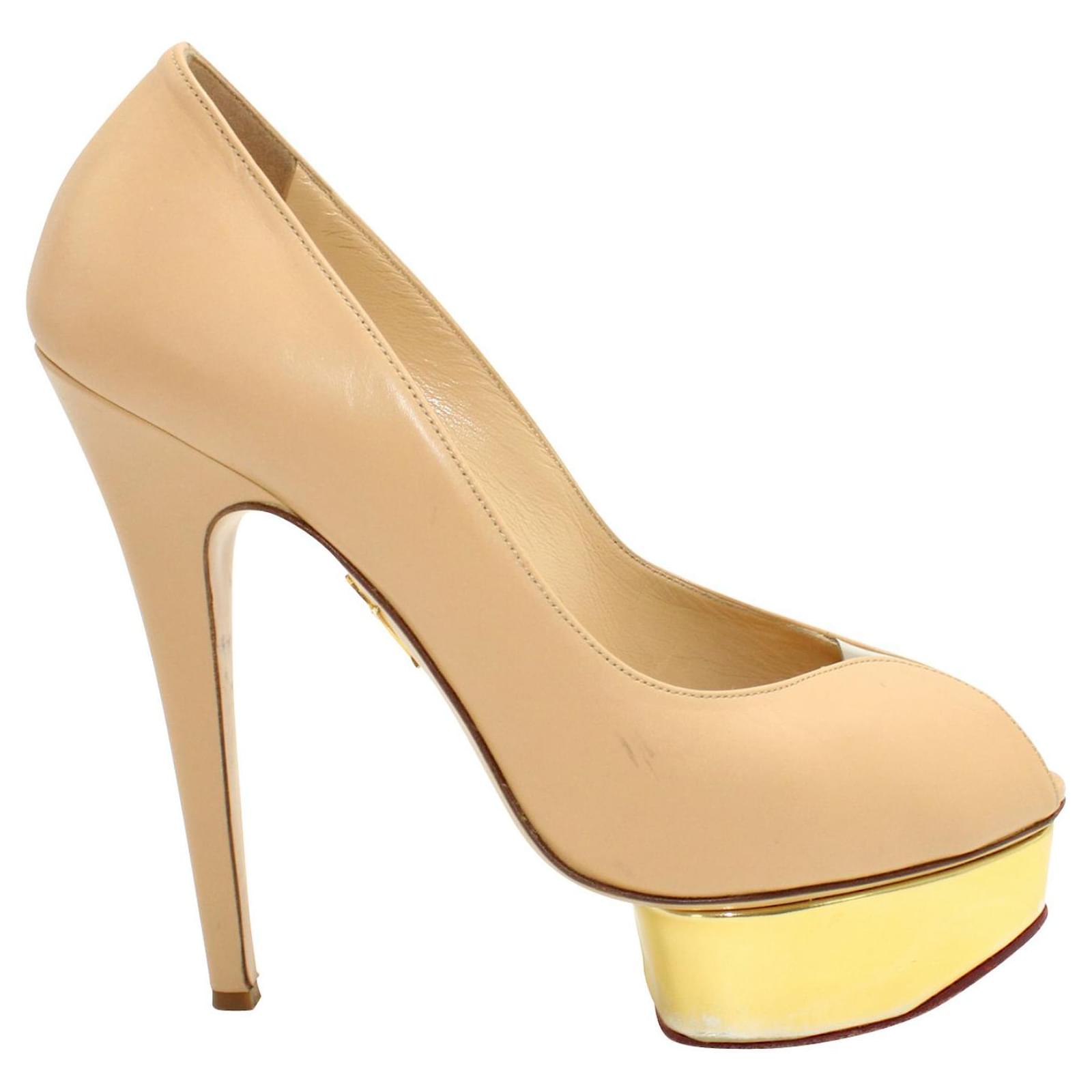 Charlotte Olympia Beige/Light Brown Heels with Golden Metallic ...