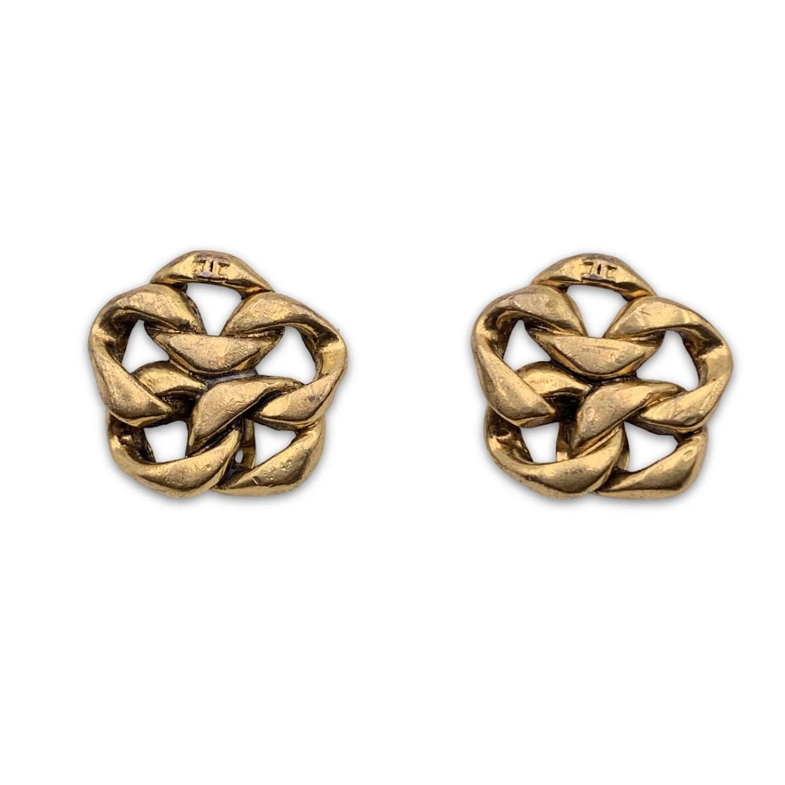 Chanel Vintage Gold Metal Chain Link Flower Clip On Earrings Golden ref ...
