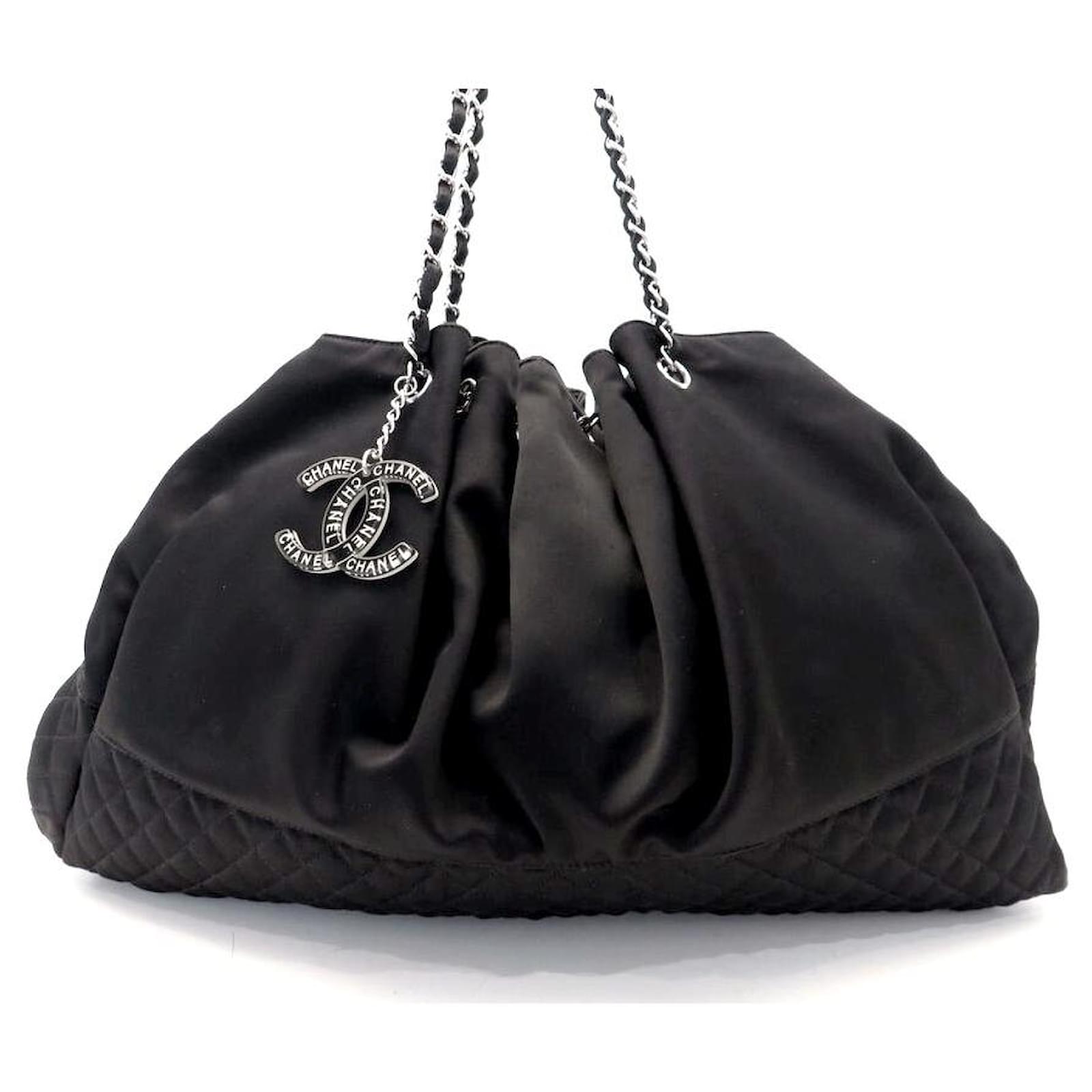 CHANEL MELROSE GM HANDBAG IN BLACK QUILTED SATIN CHARM LOGO CC PURSE ...