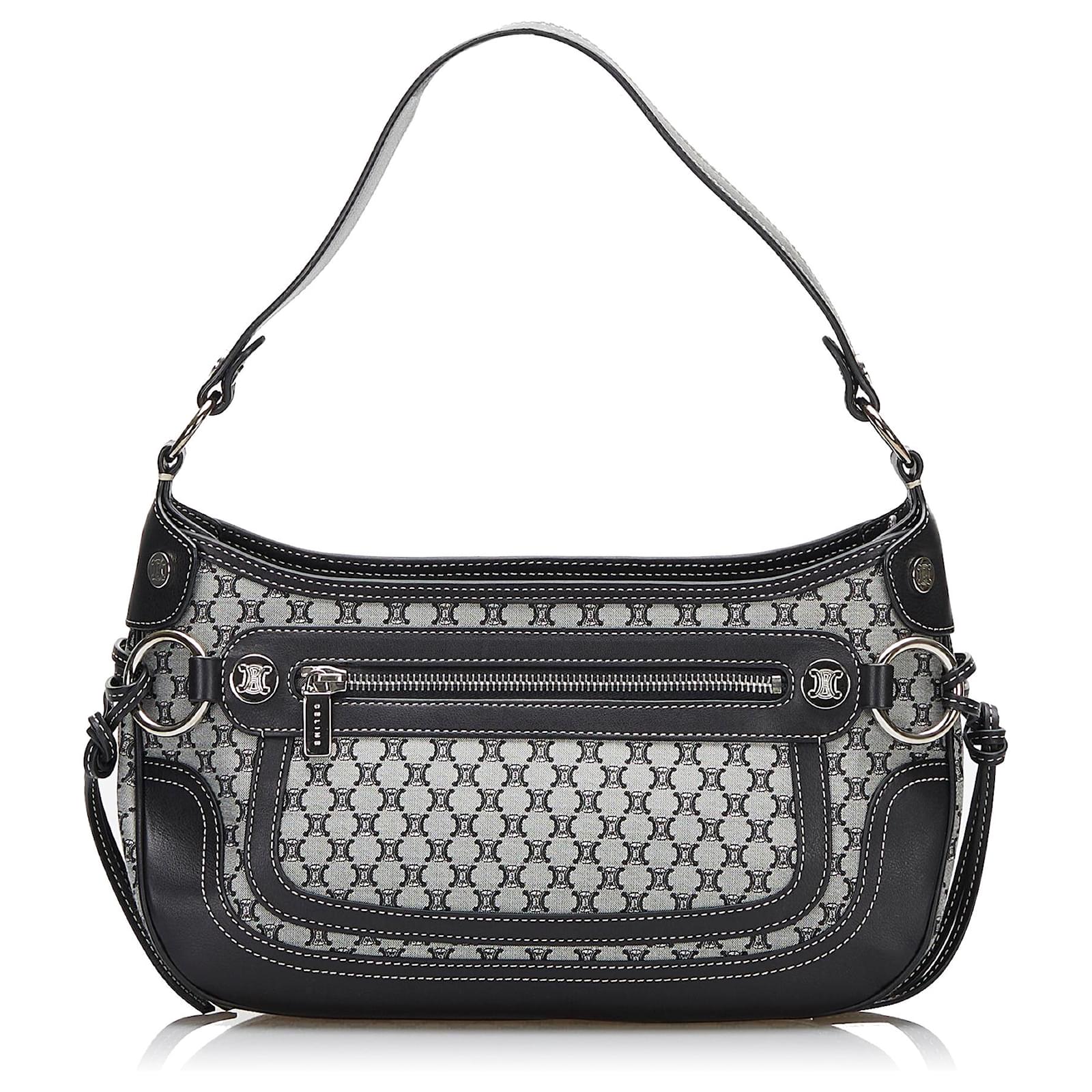 Céline Celine Gray Macadam Shoulder Bag Black Grey Leather Cloth Pony ...