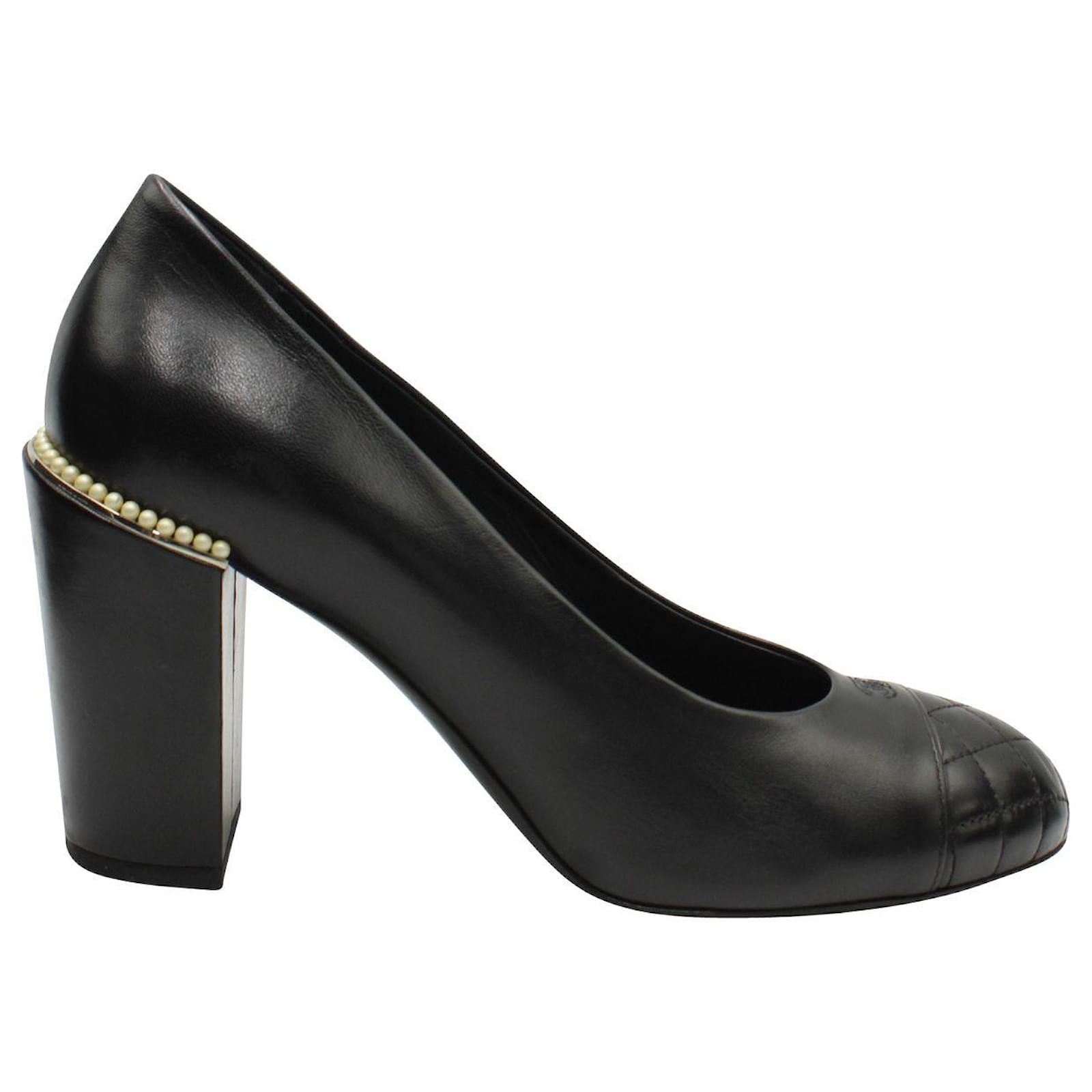 Chanel Classic Black Quilted Block Heels with Faux Pearls Leather ref ...