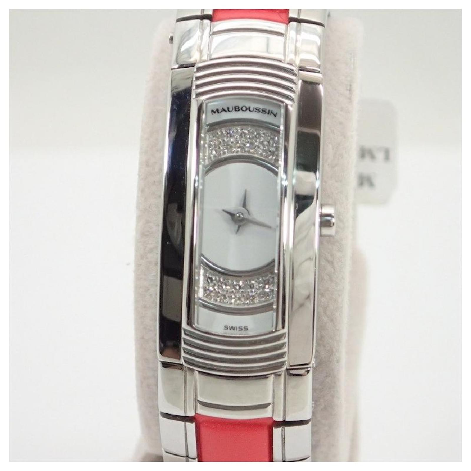***Mauboussin Fugue Ladies Quartz Watch Silvery Pink Steel Rubber ref ...