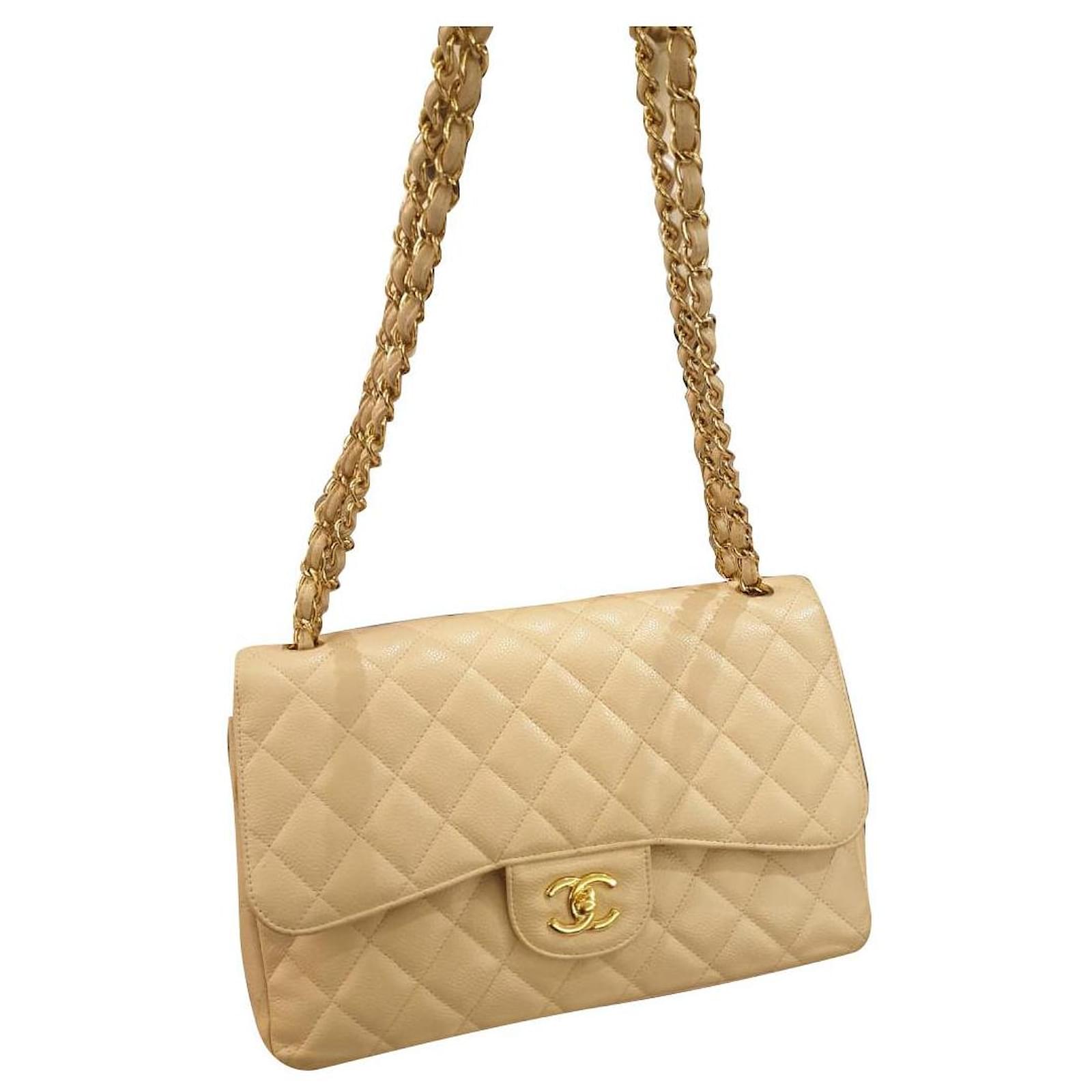 Chanel Jumbo Beige Caviar lined Flap Classic Timeless Flap Bag Gold ...