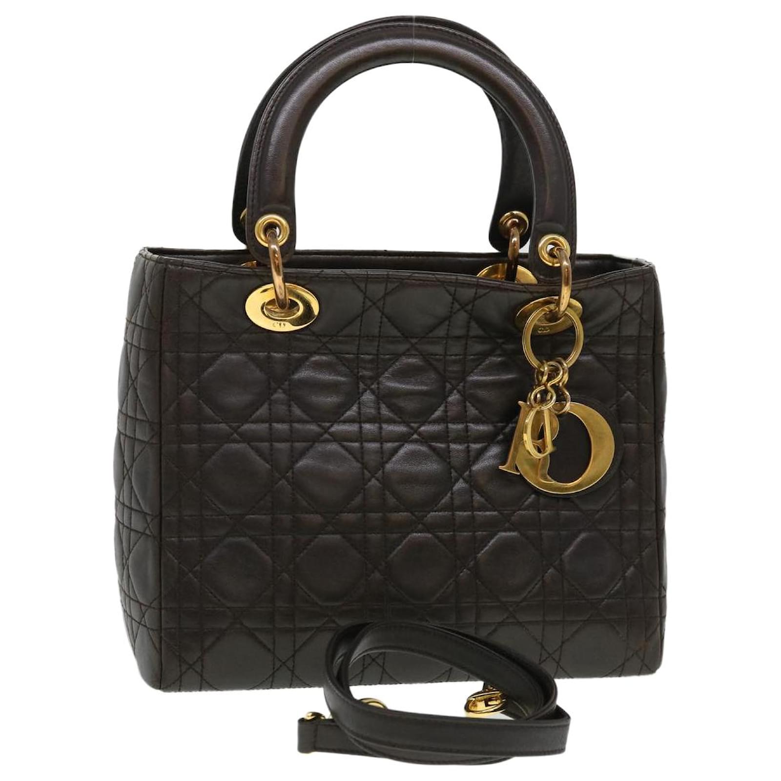 Christian Dior Lady Dior Hand Bag Lamb Skin 2way Dark Brown Auth 38464 ...