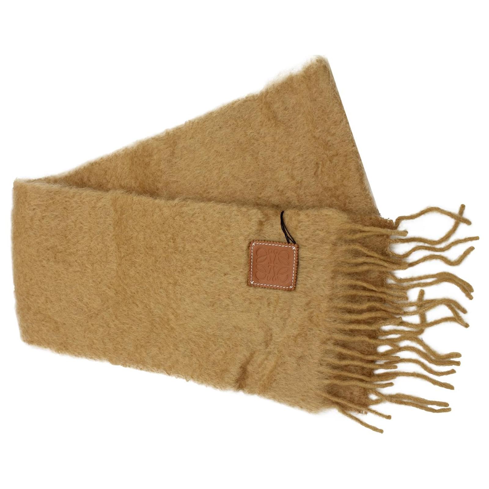 Loewe Anagram Patch Fringed Scarf in Camel Brown Mohair Yellow Wool ref ...
