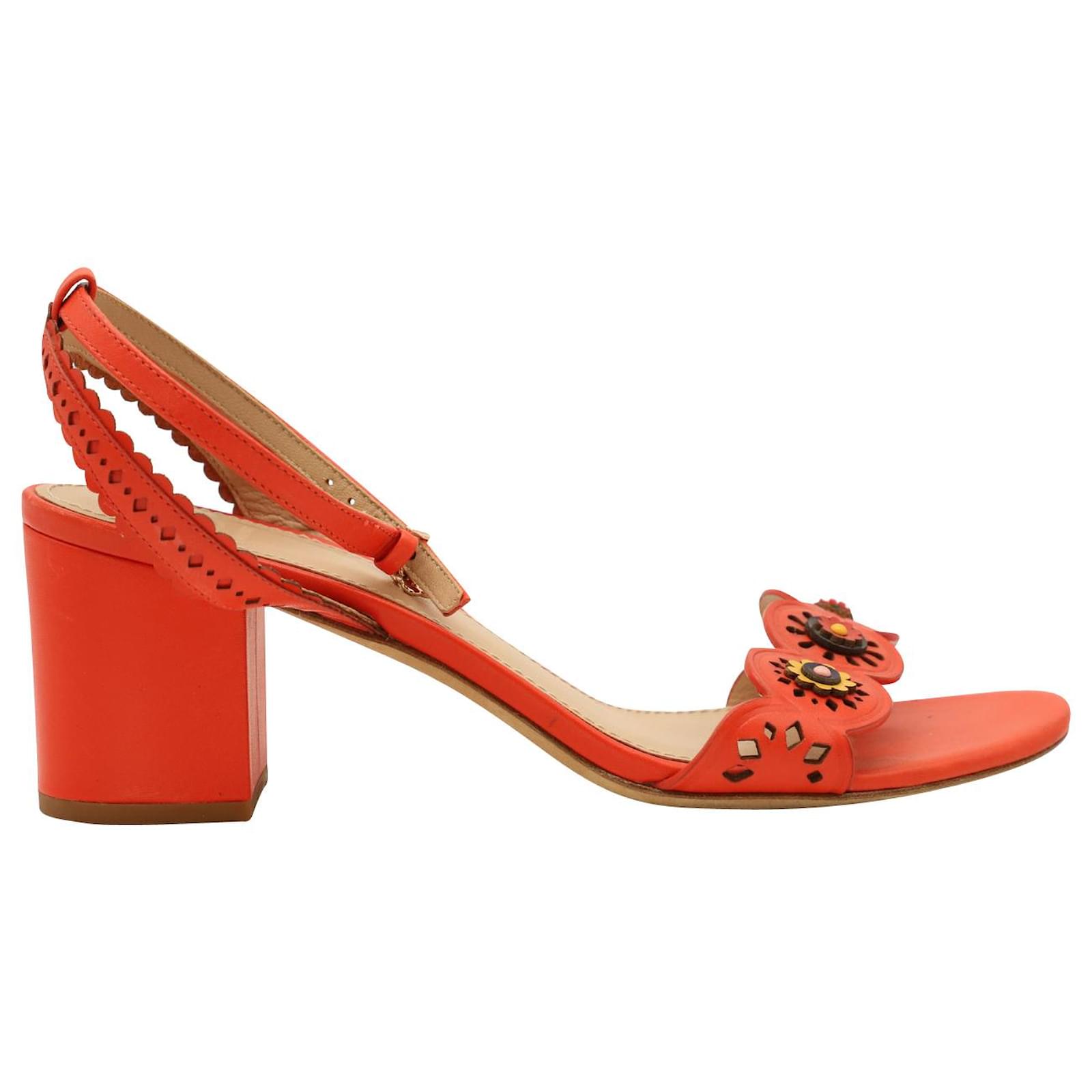 Tory Burch Sandales Marguerite Floral Cutout Mid Block en Cuir Rouge ...